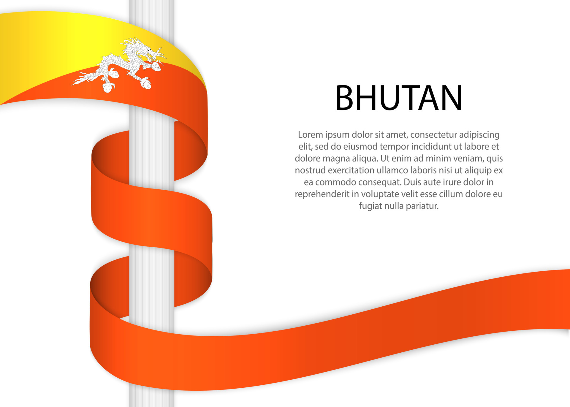 Waving ribbon on pole with flag of Bhutan. Template for independ ...