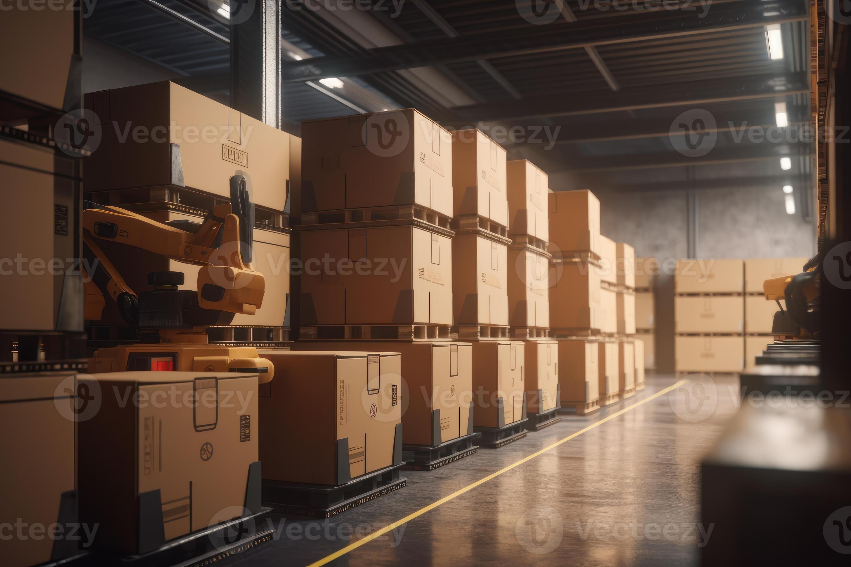 Automated robotic carrying box in warehouse, Distribution logistics center concept. Created ...