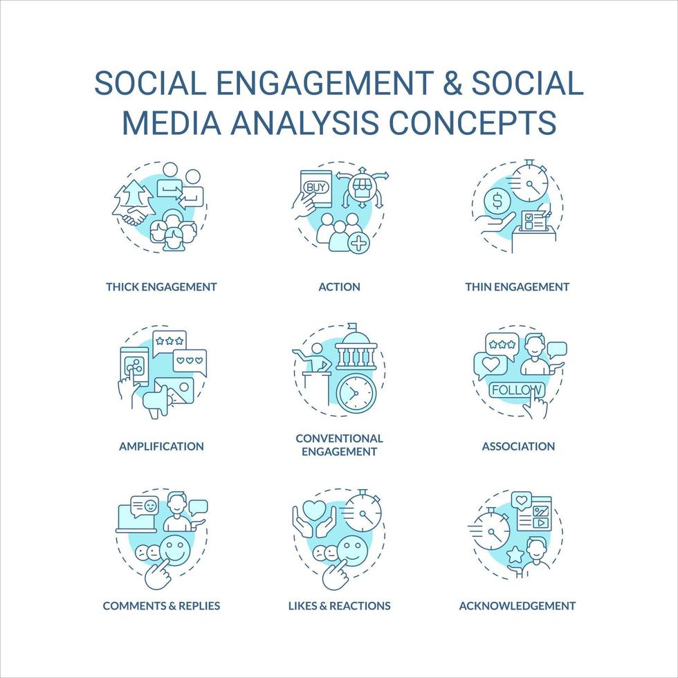 Social engagement turquoise concept icons set. Social media analysis ... Social engagement turquoise concept icons set. Social media analysis ...