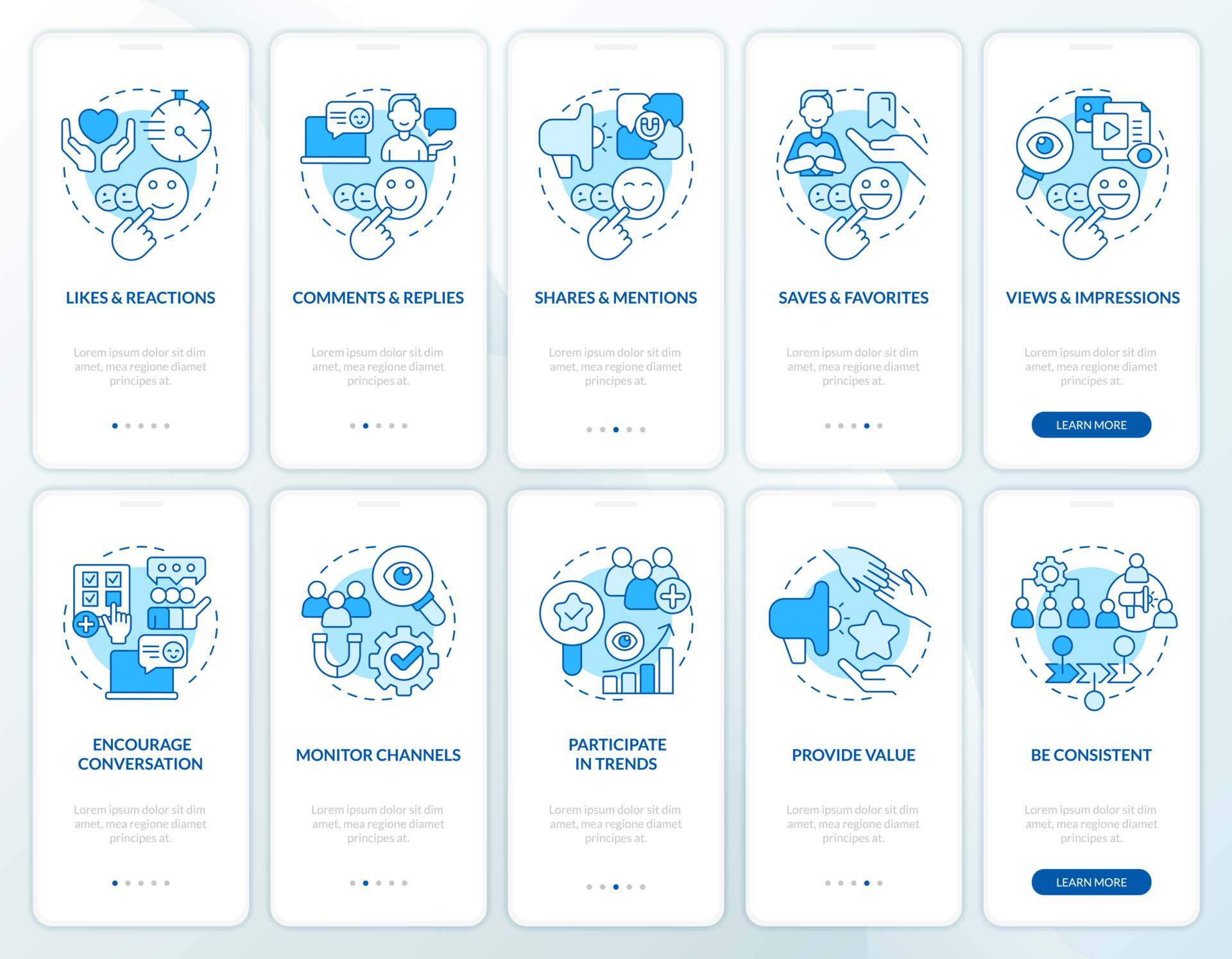 Social Media Interaction Blue Onboarding Mobile App Screen Set Walkthrough 5 Steps Editable