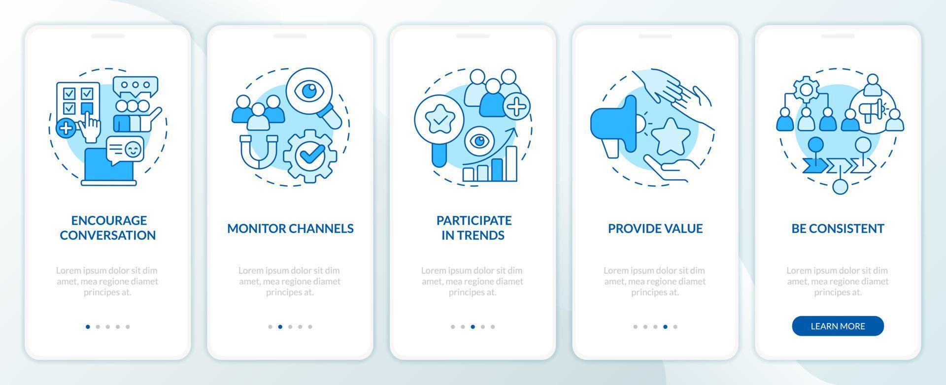 Effective Social Engagement Blue Onboarding Mobile App Screen Walkthrough 5 Steps Editable