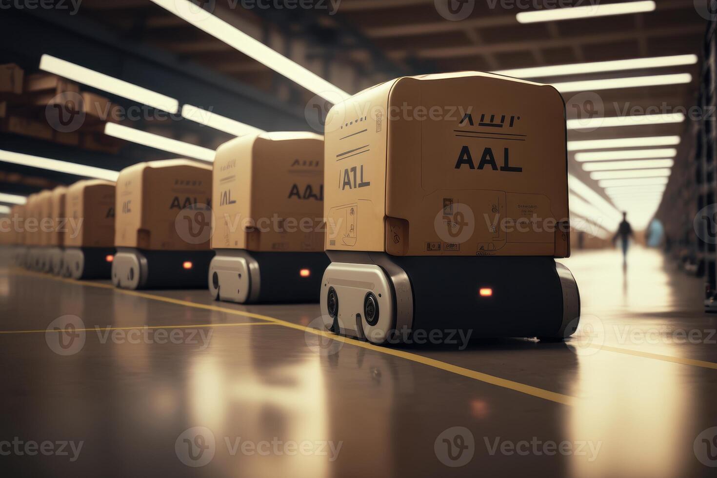 Automated robotics delivering cardboard Boxes in warehouse, Distribution logistics center ...