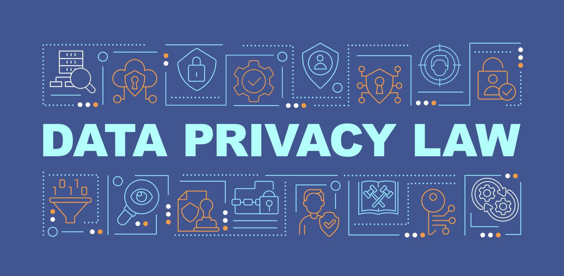 Data privacy law word concepts dark blue banner. Consumer security. Infographics with editable ...
