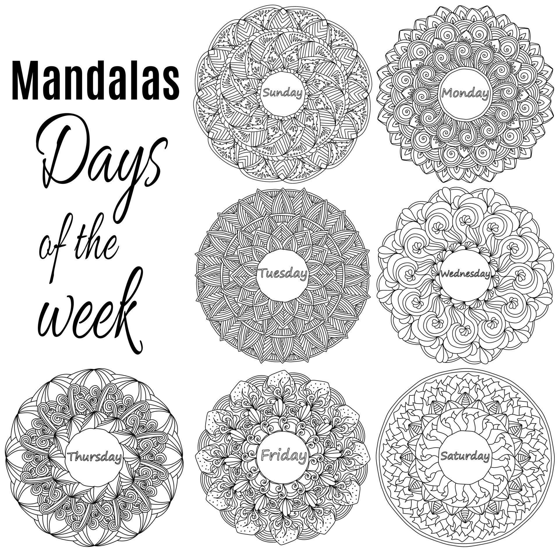 Set of mandalas Days of the week, meditative coloring pages for the ...