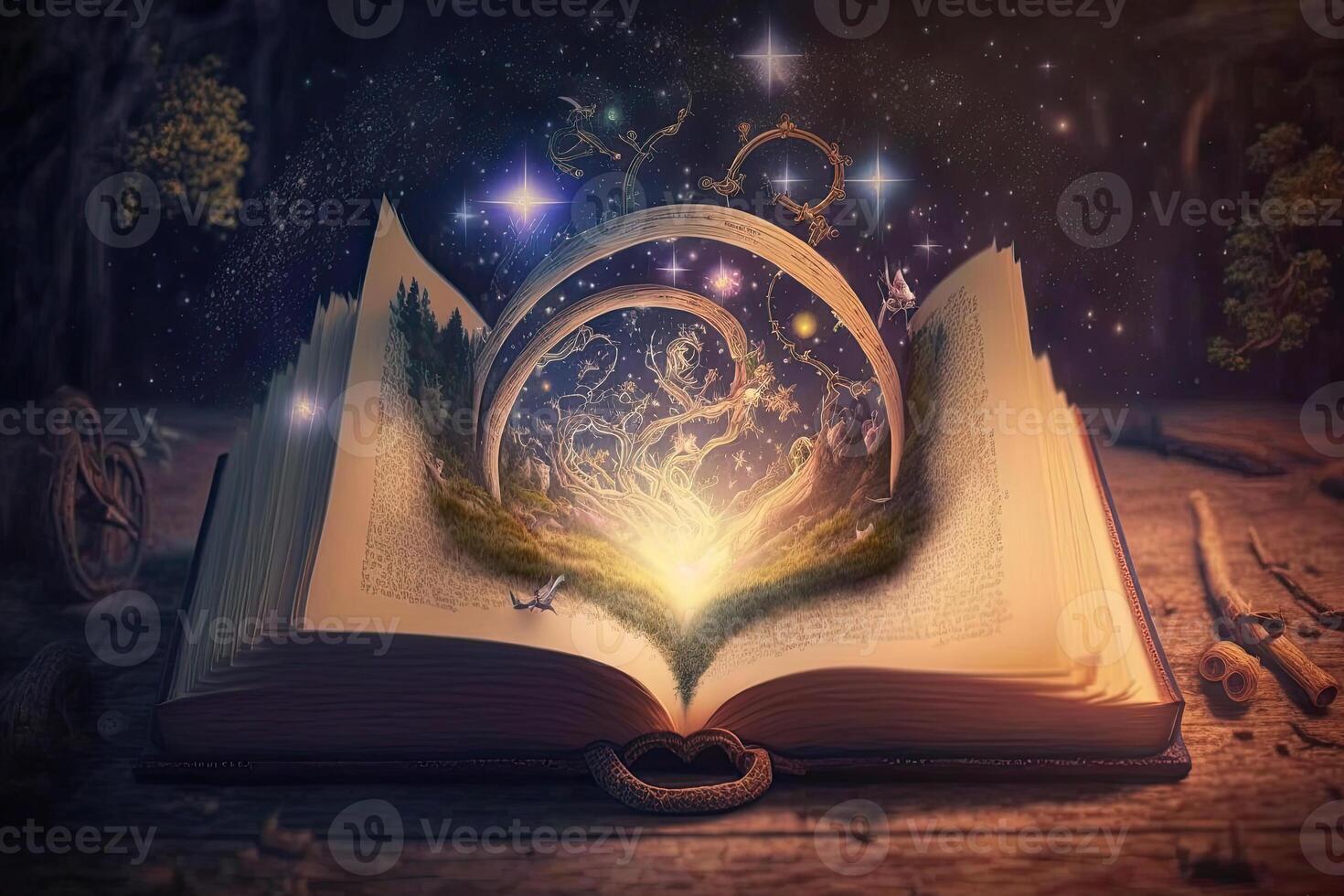 Open magical book with glowing lights over pages on abstract background ... Open magical book with glowing lights over pages on abstract background ...