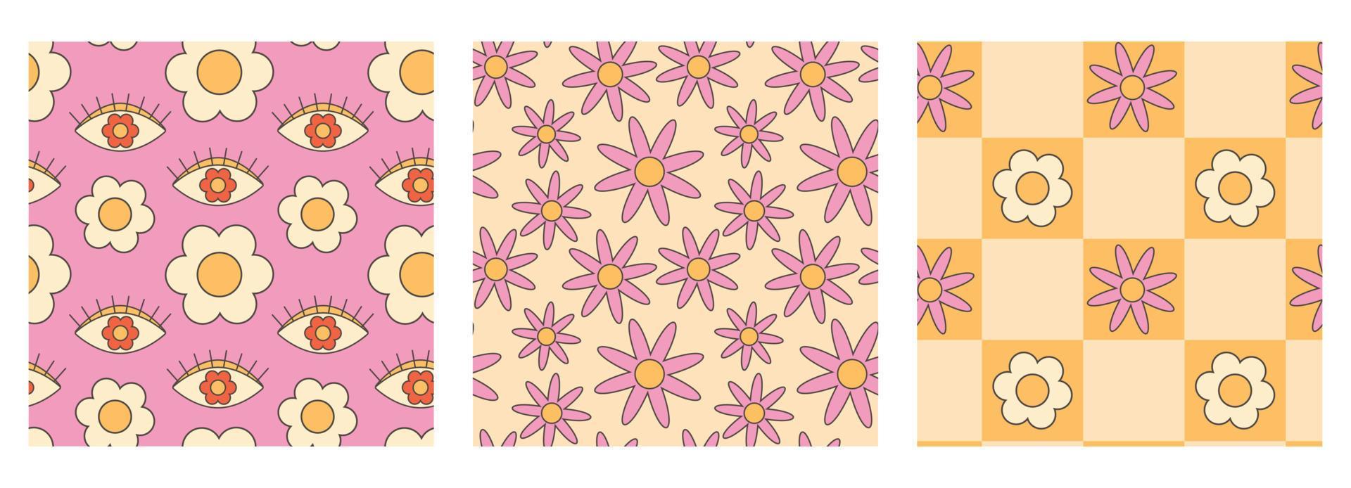 Retro groovy hippie seamless pattern set. Seamless abstract geometric pattern. Floral background ...