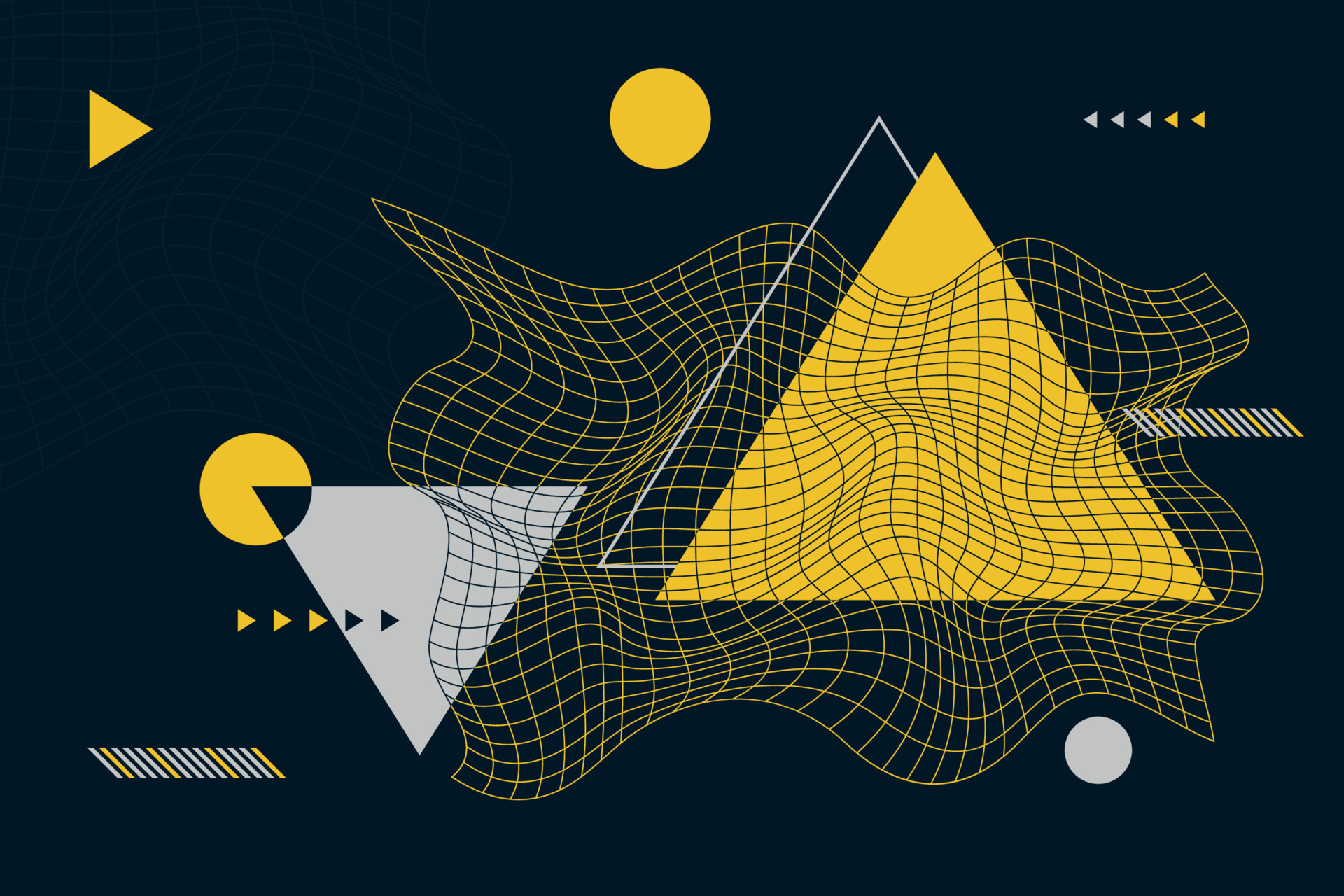 Abstract Triangle Circle And Wires Grid Composition On Black Background In Geometric Style