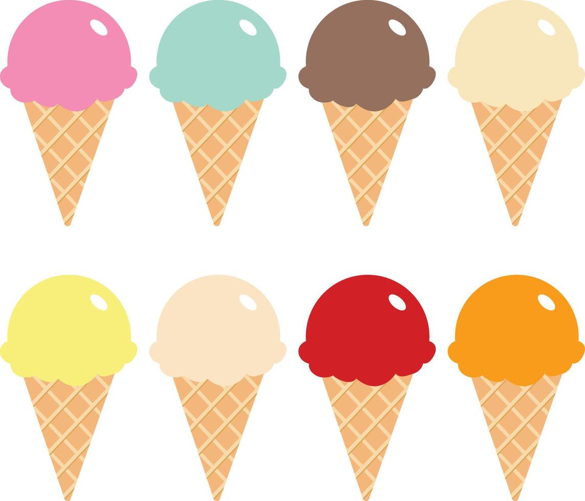 Set Of Cartoon Icons Ice Cream Scoops In Different Colors And Waffle