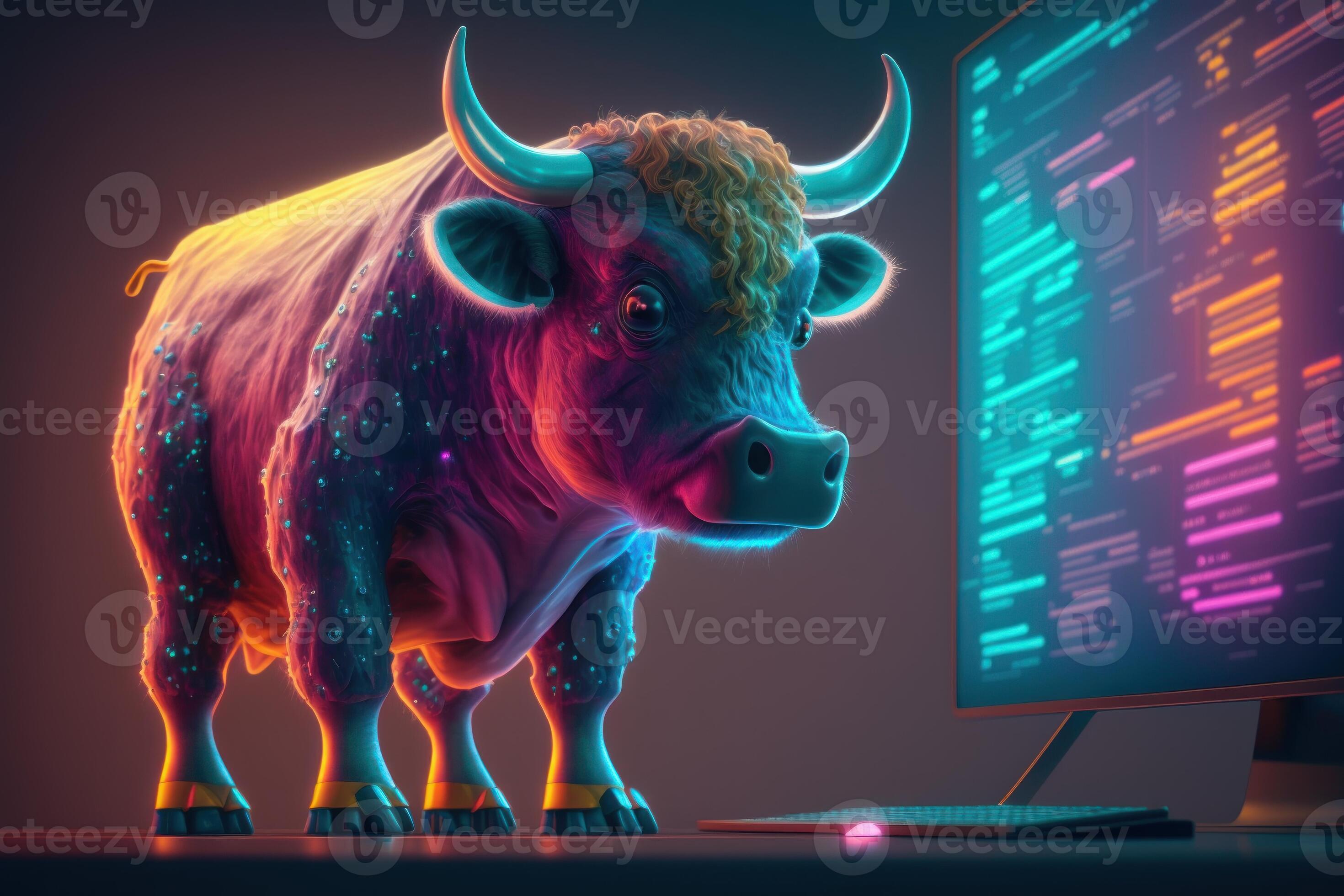 Bull Trading With Computer Bullish In Stock Market And Crypto Currency