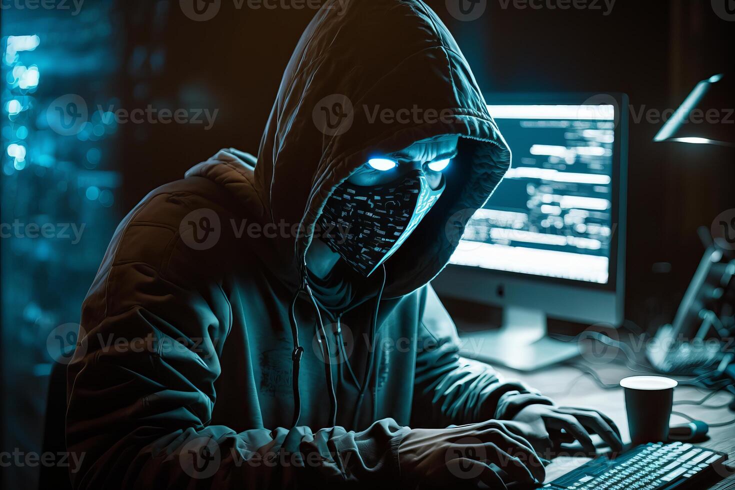 Hooded Hacker with mask using Laptop Break or Attack into Data server. Hacking, Coding or ...