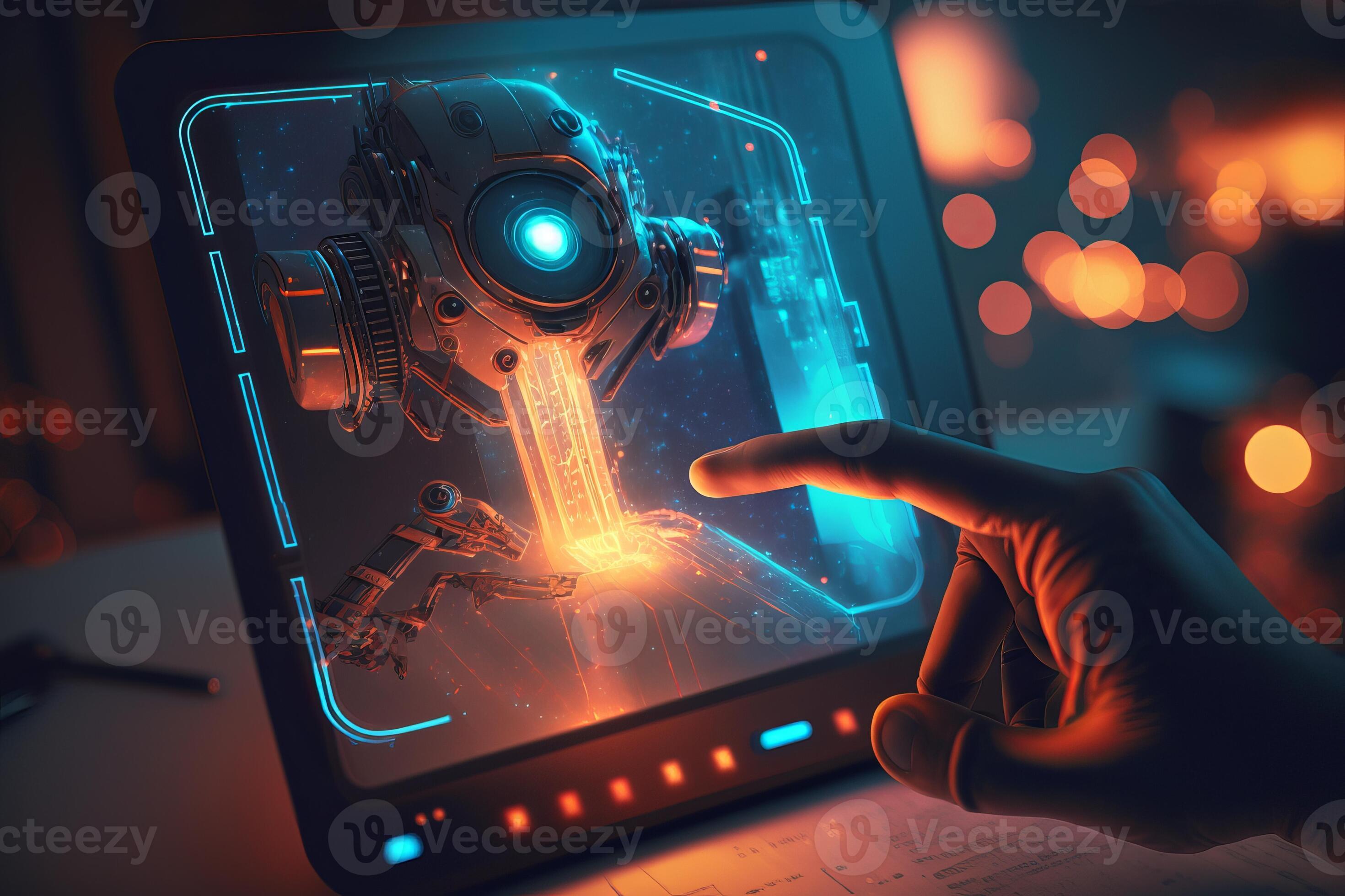 Closed up Ai Robot hand touching tablet and showing Ai data on screen ...