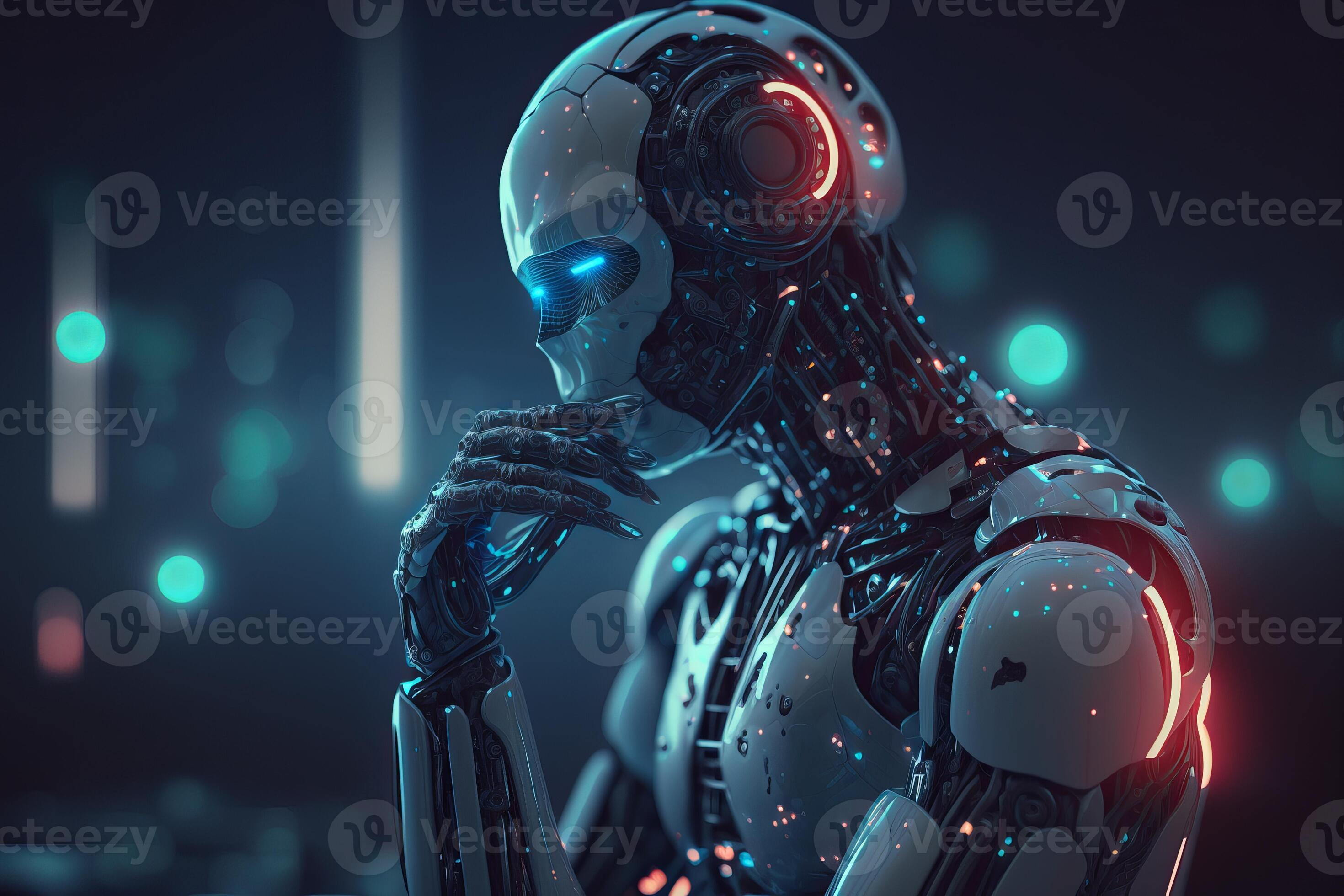 Ai Robot thinking with hand on chin, Artificial intelligence glowing ...