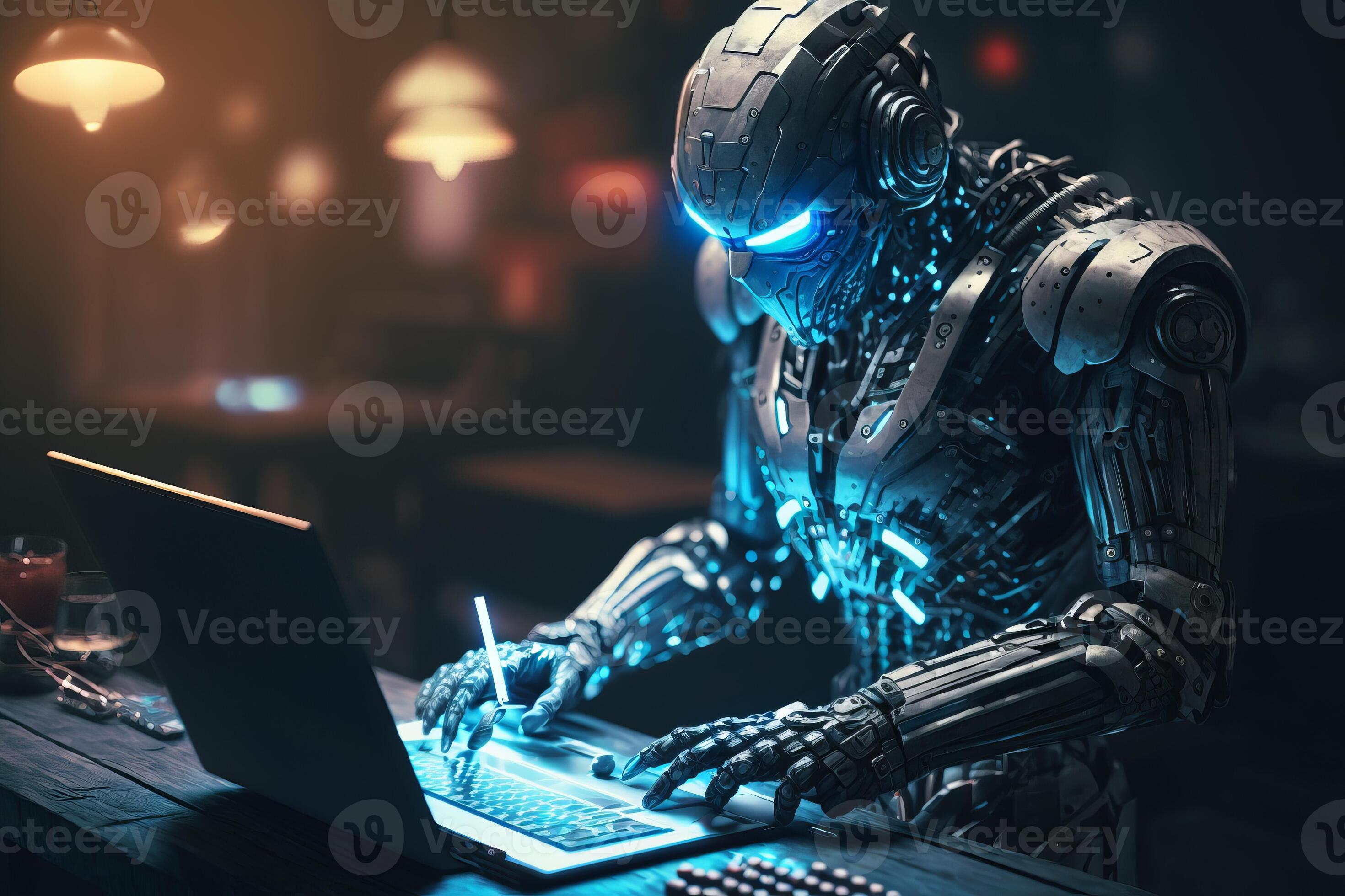 Ai Robot working with computer. Futuristic Humanoid worker. 21863771 ...