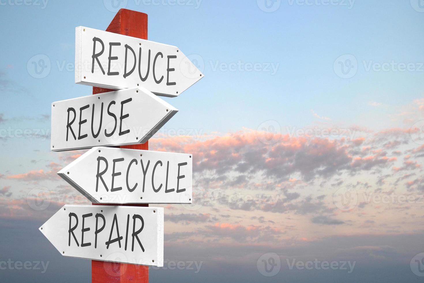 Reduce, Reuse, Recycle, Repair - Wooden Signpost with Four Arrows ... Reduce, Reuse, Recycle, Repair - Wooden Signpost with Four Arrows ...