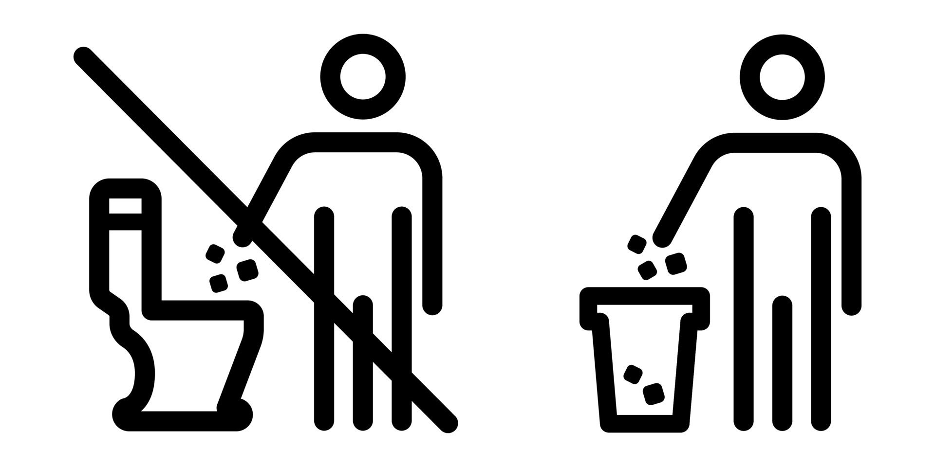Do not throw trash in toilet, throw garbage in bin. Vector line no toilet littering icon. Please ...