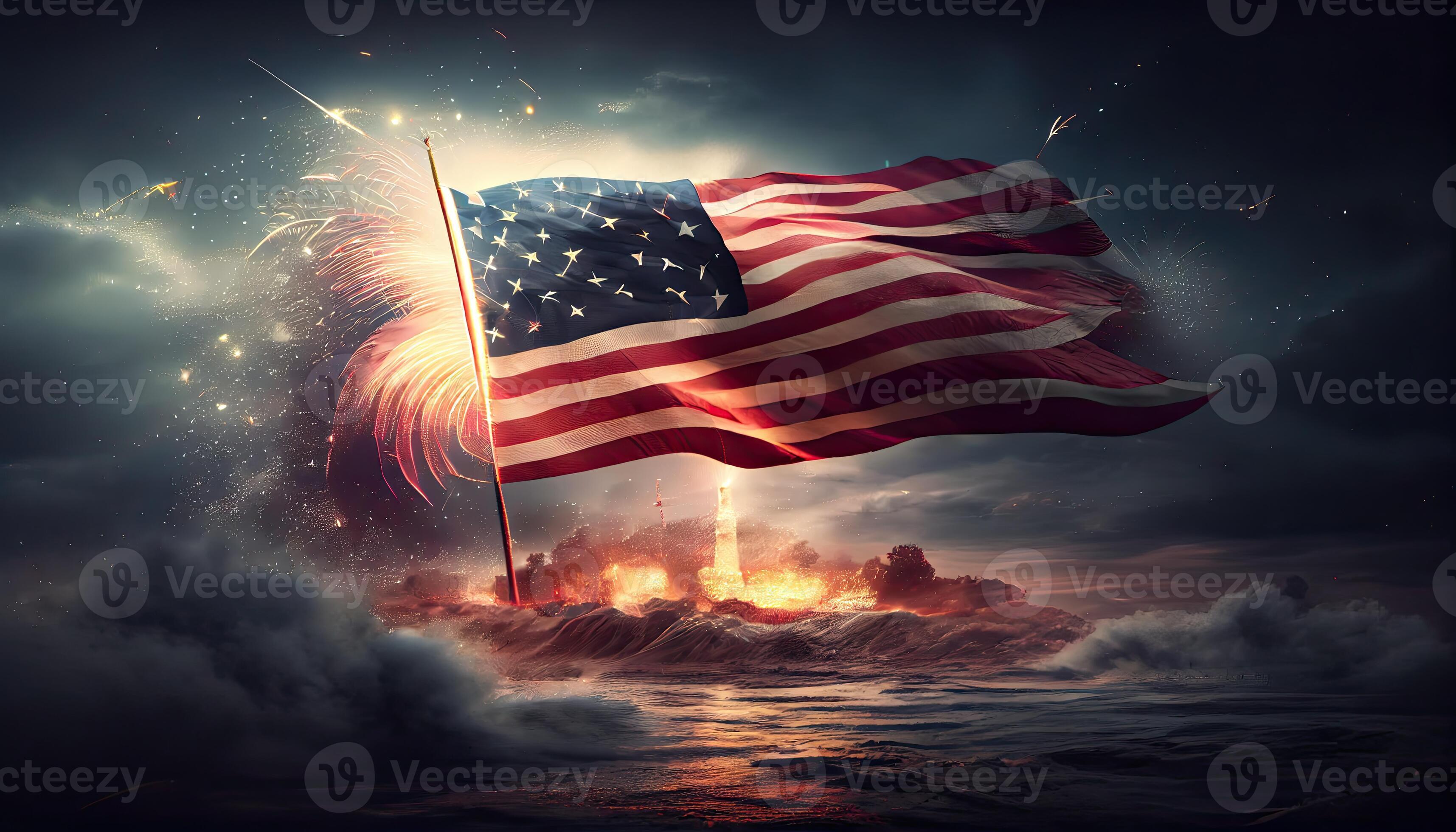 American Flag Waving In The Air With Fireworks And Night Scene View Fourth Of July Concept