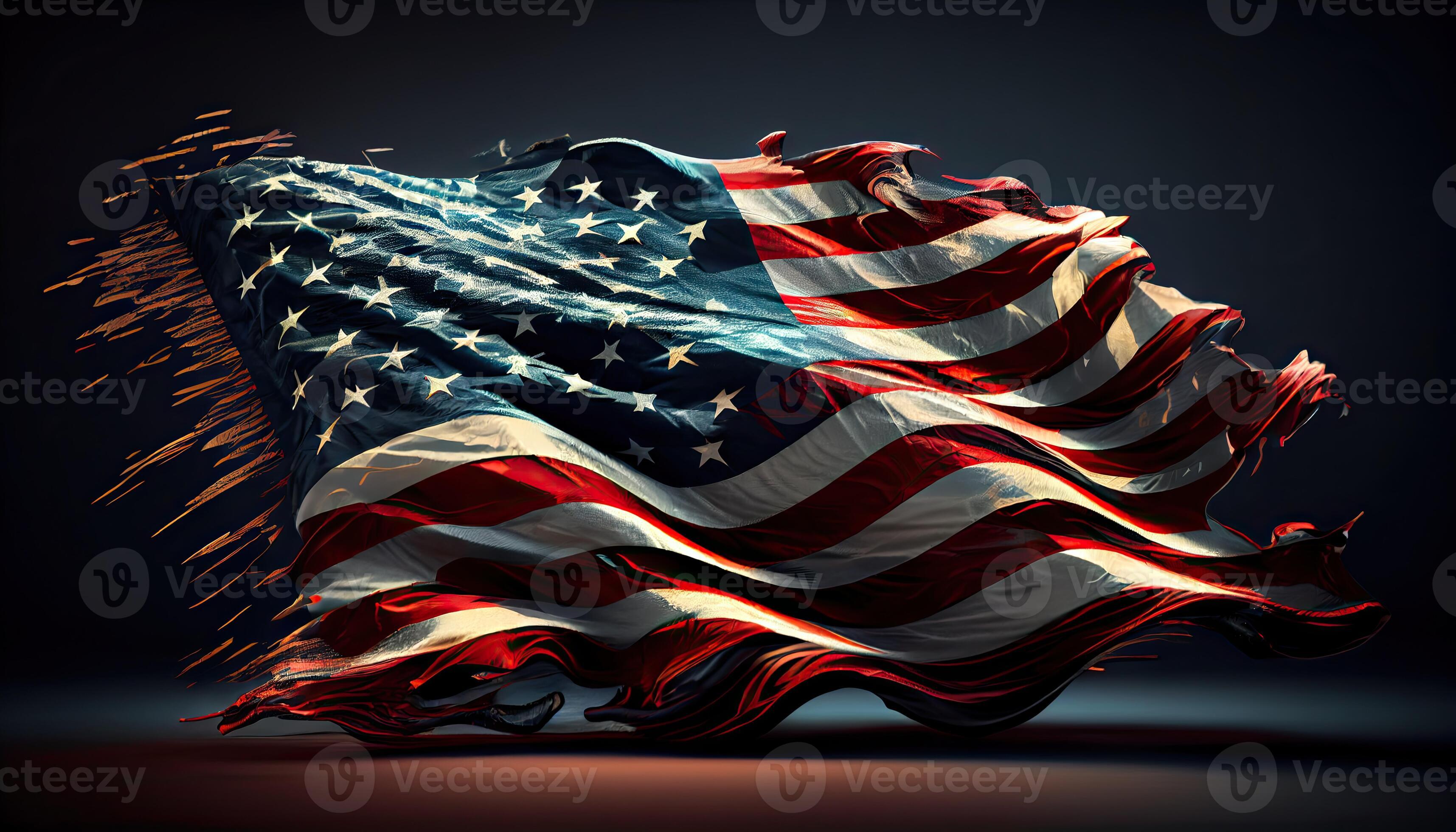American Flag Waving In The Air With Fireworks And Night Scene View Fourth Of July Concept