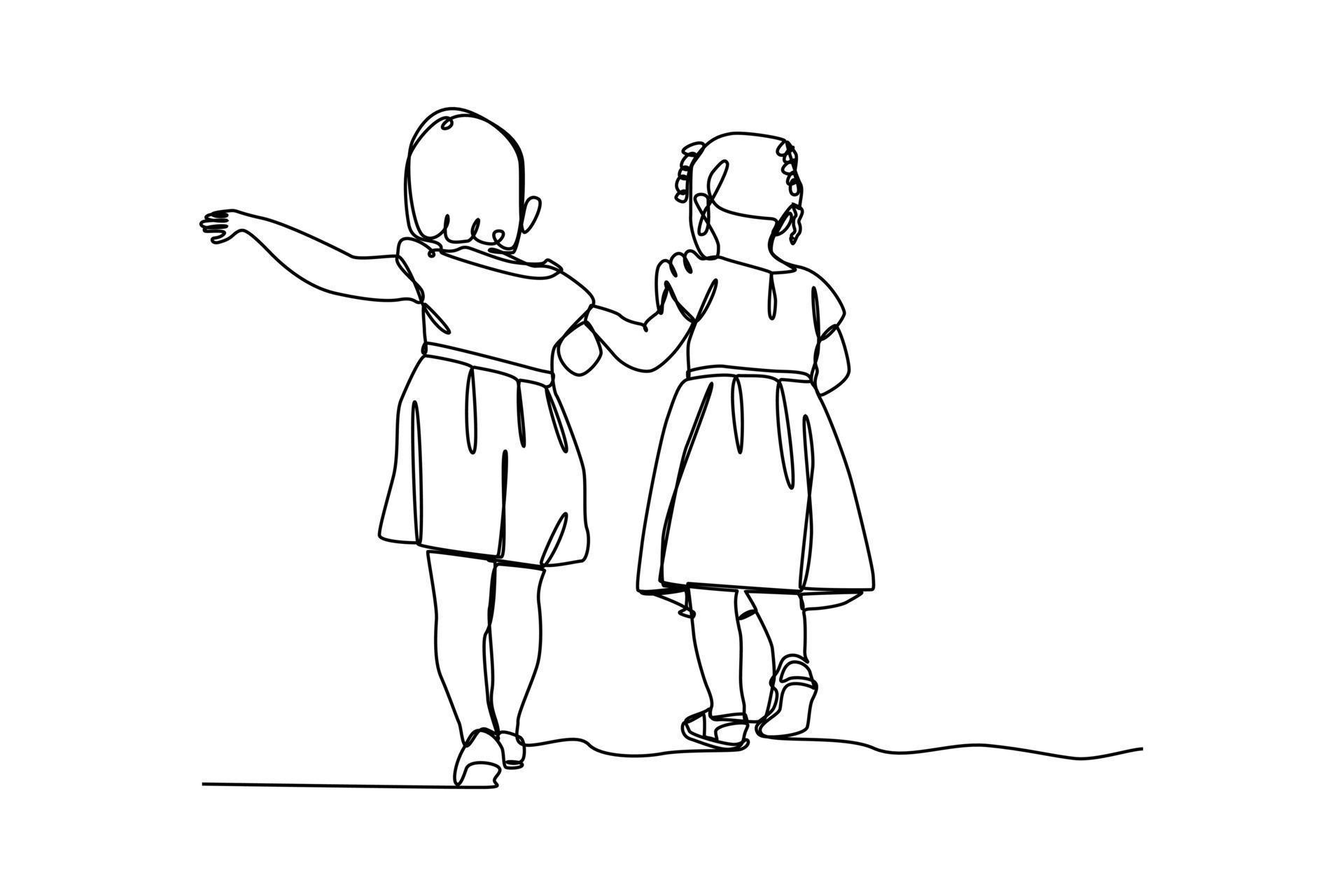 Continuous one-line drawing two girls playing holdings hands. Children ...