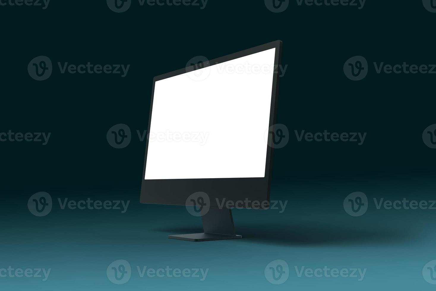 Computer display mockup on dark green surface. Isolated screen for app, web page presentation ...