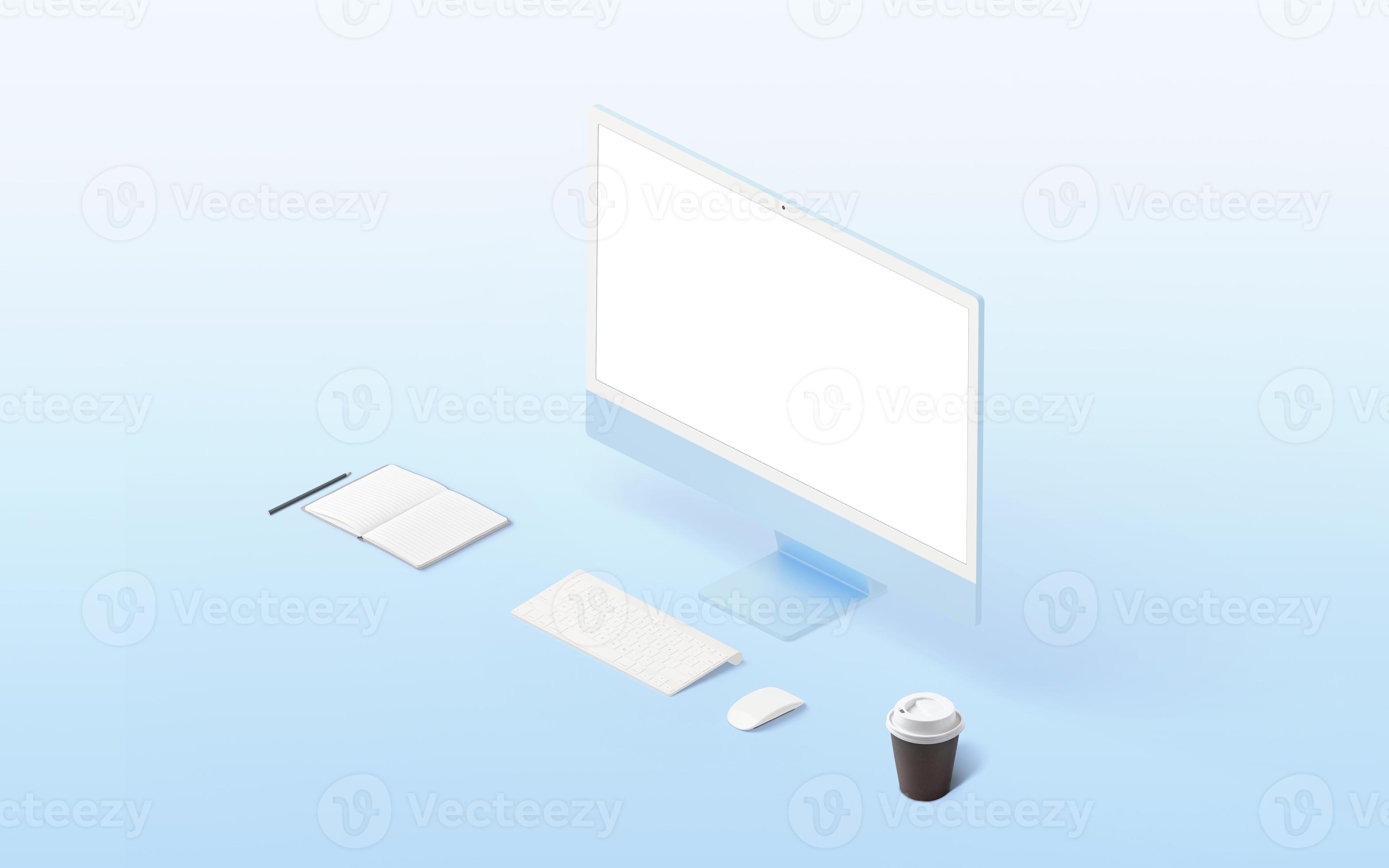 Isometric work desk with computer display, keyboard, mouse, pad, pen and coffee mug. Isolated ...