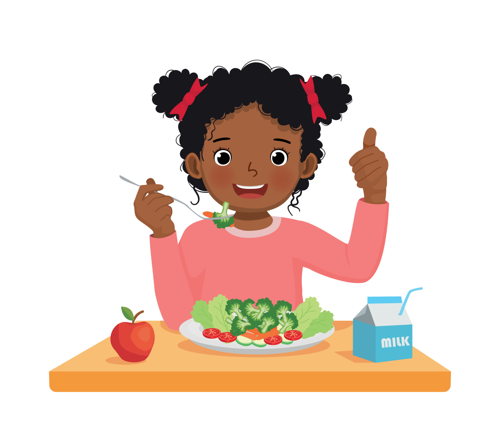 Cute little African girl eating broccoli healthy vegetables with fork ... Cute little African girl eating broccoli healthy vegetables with fork ...