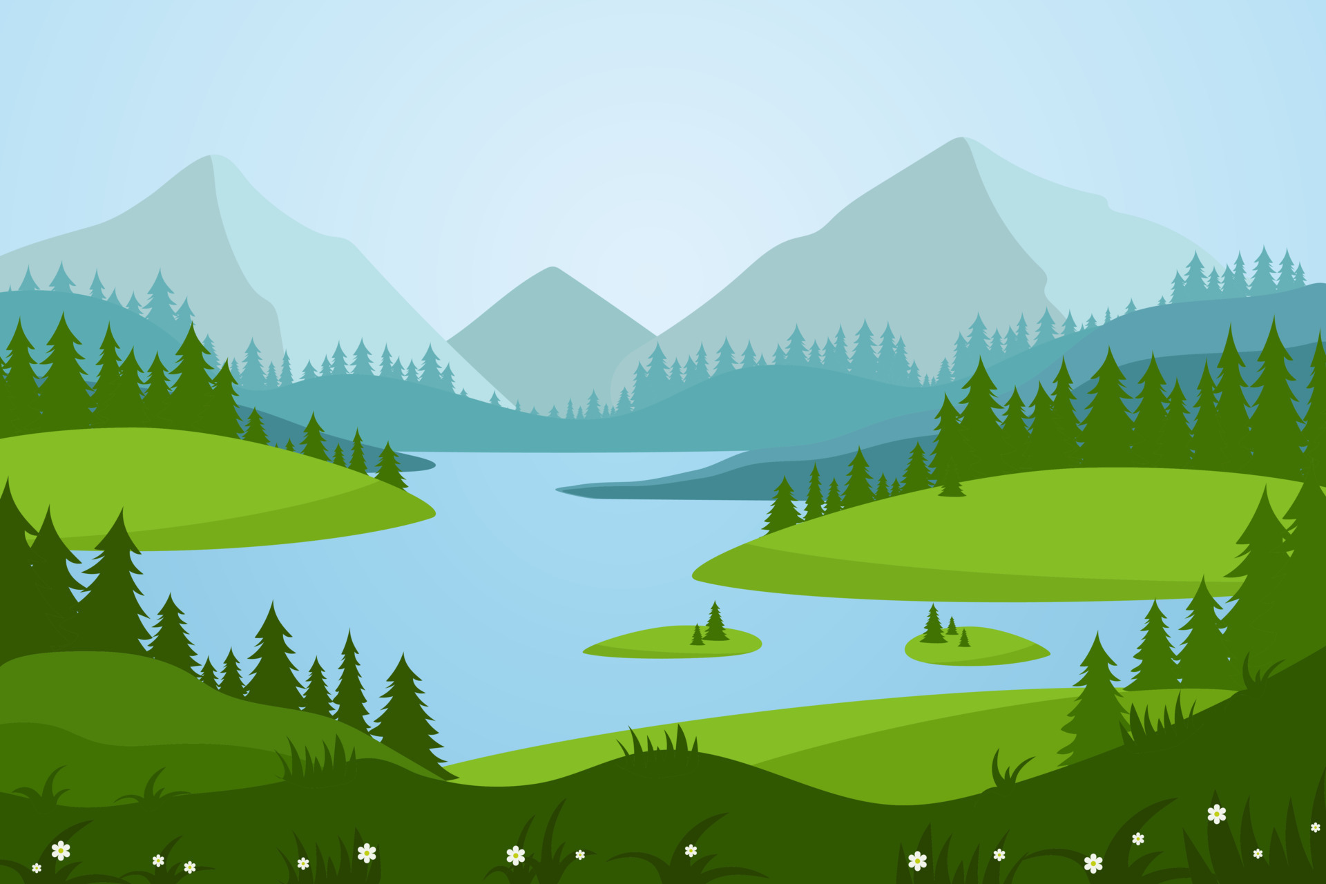 Forest landscape flat vector illustration. Landscape of nature with fir ...