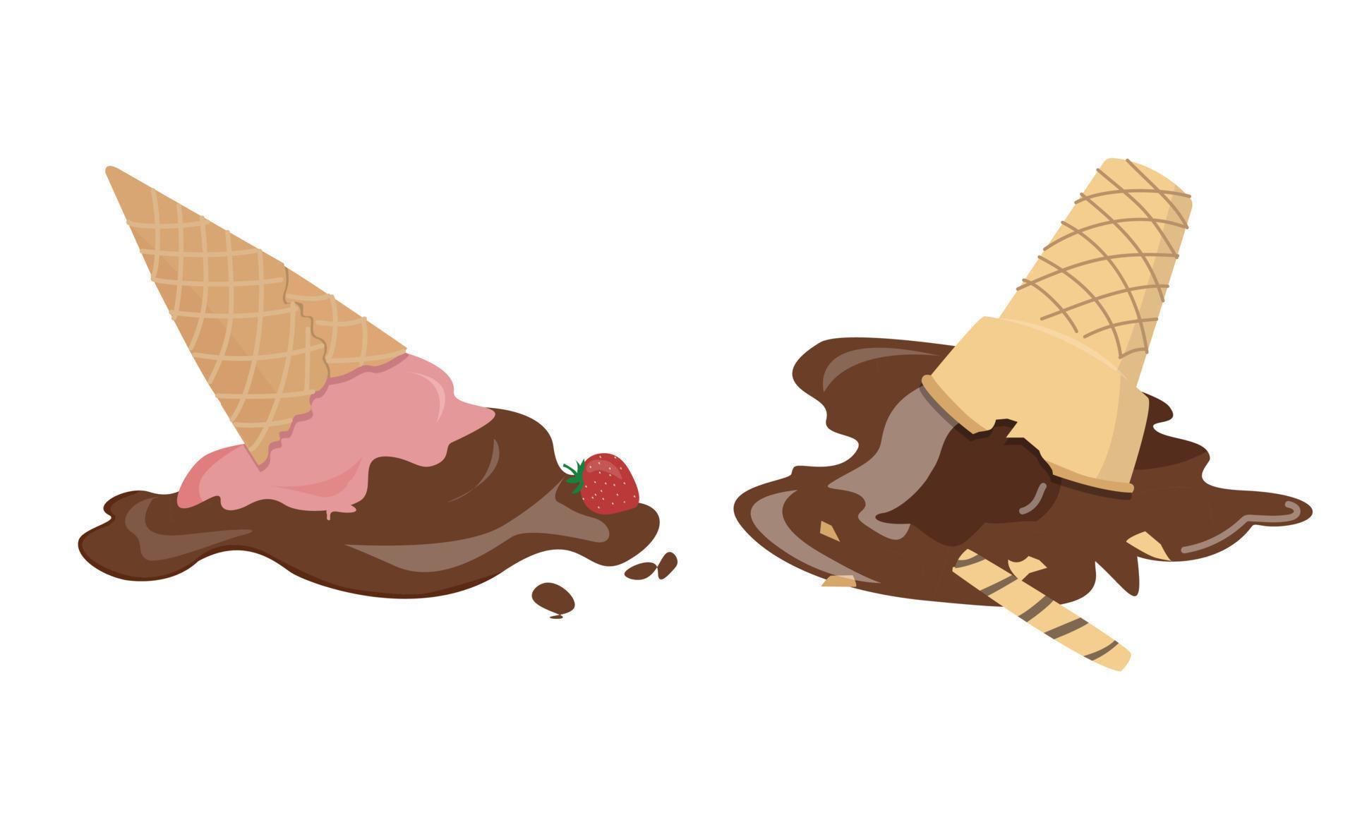 Ice Cream In Waffle Cone Vector Illustration On White Background Dropped And Melted Ice Cream