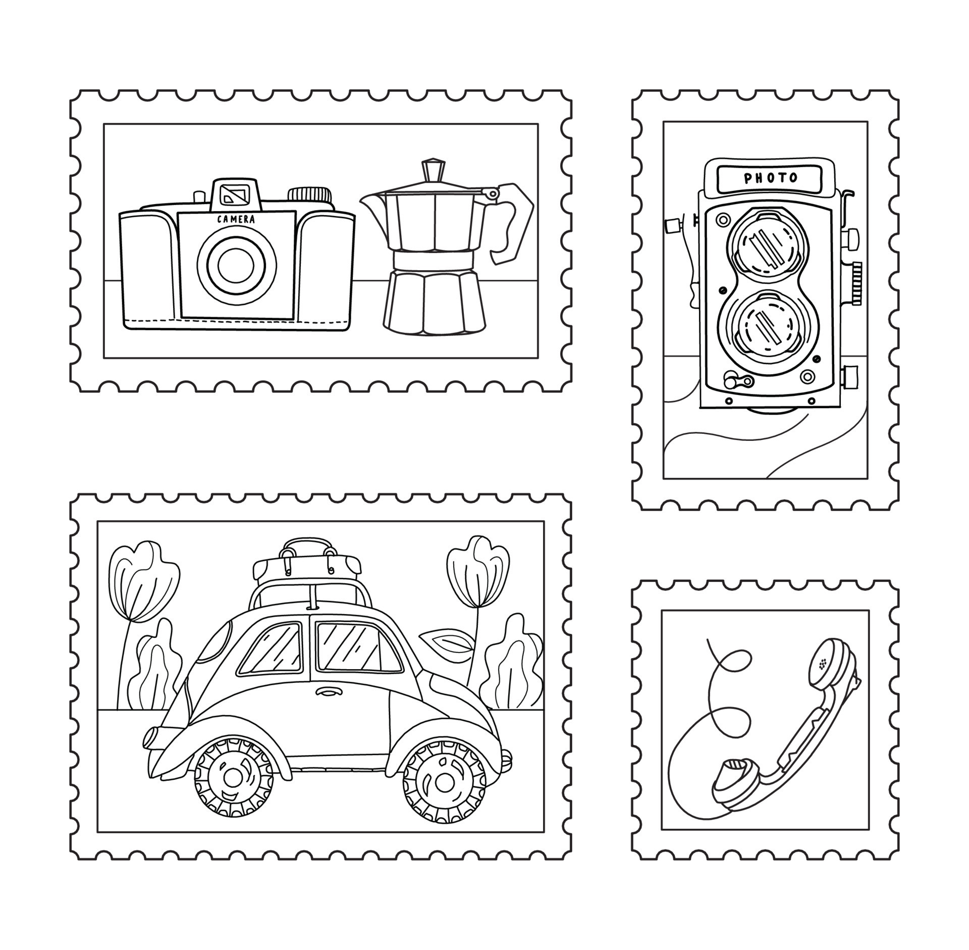 Nostalgia Coloring page. Hand drawn vintage objects collection. Retro ... Nostalgia Coloring page. Hand drawn vintage objects collection. Retro ...
