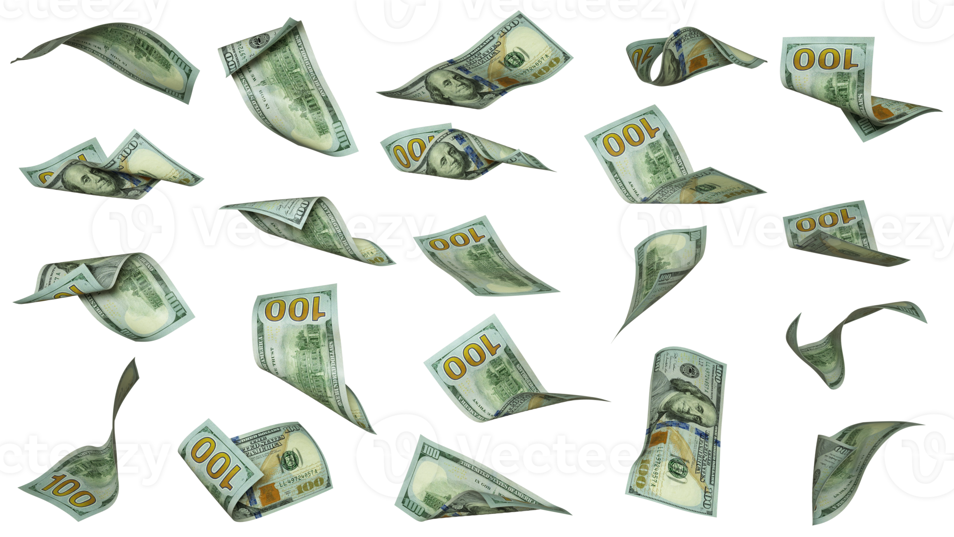 3D rendering of 100 US dollar notes flying in different angles and ...