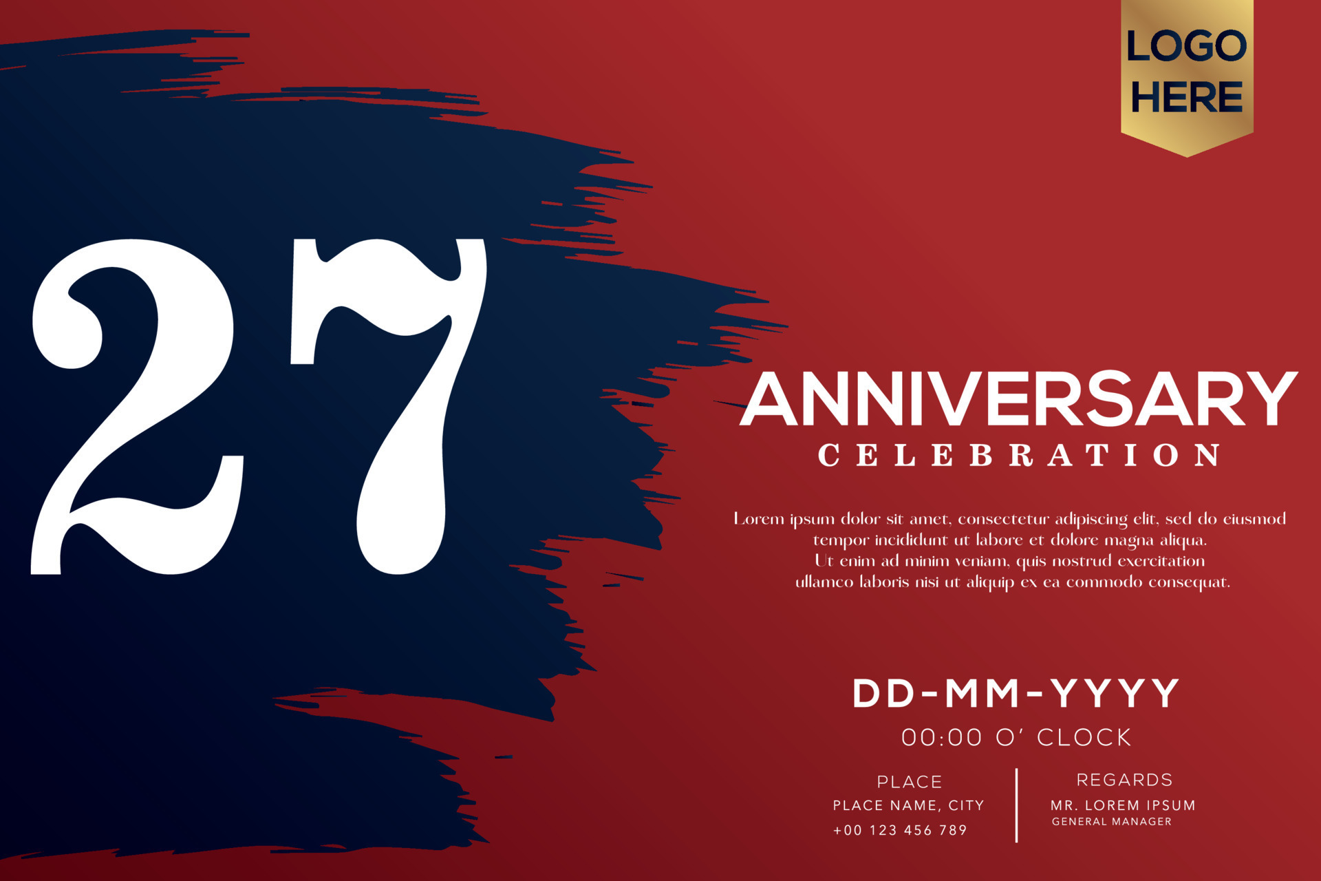27 years anniversary celebration vector with blue brush isolated on red ...