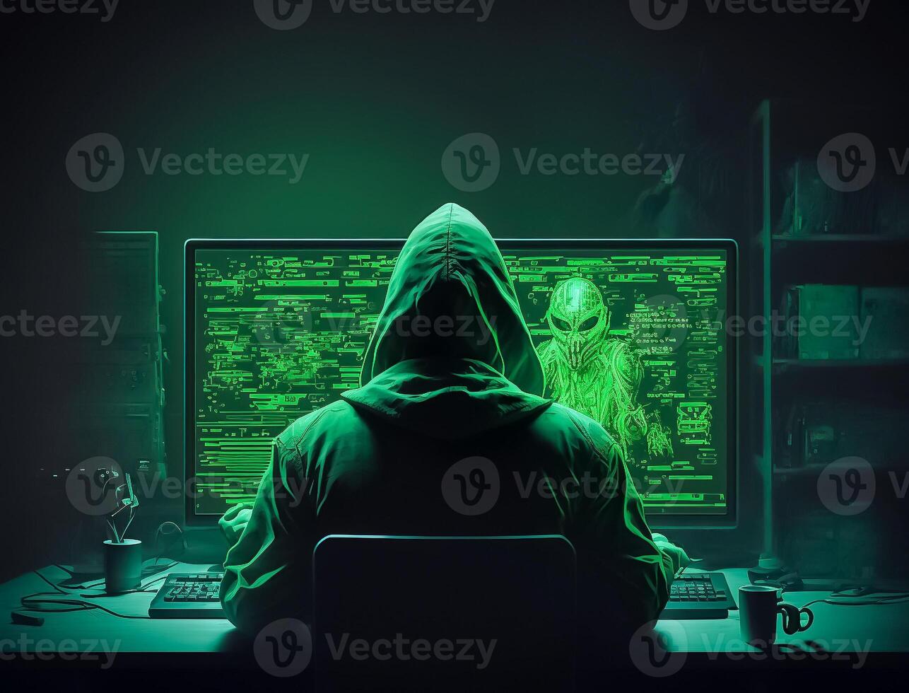A hacker looking at a computer with green symbols created with ...