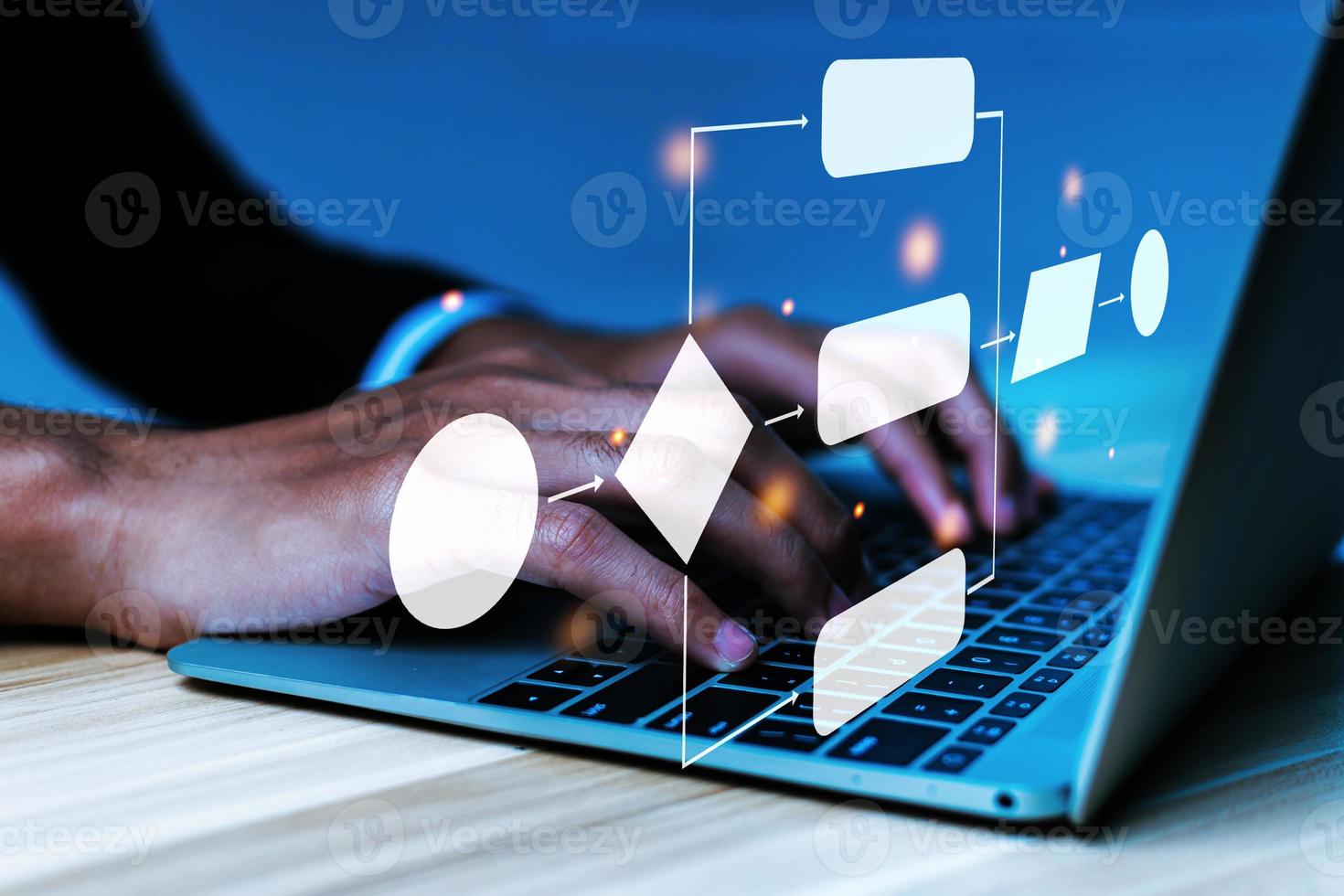 IT programmer people hand working on laptop computer with digital ...