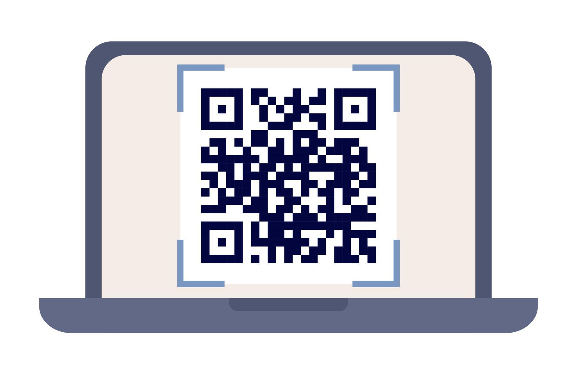 QR code icon. Laptop with qr code on screen. Special identity code sign ...