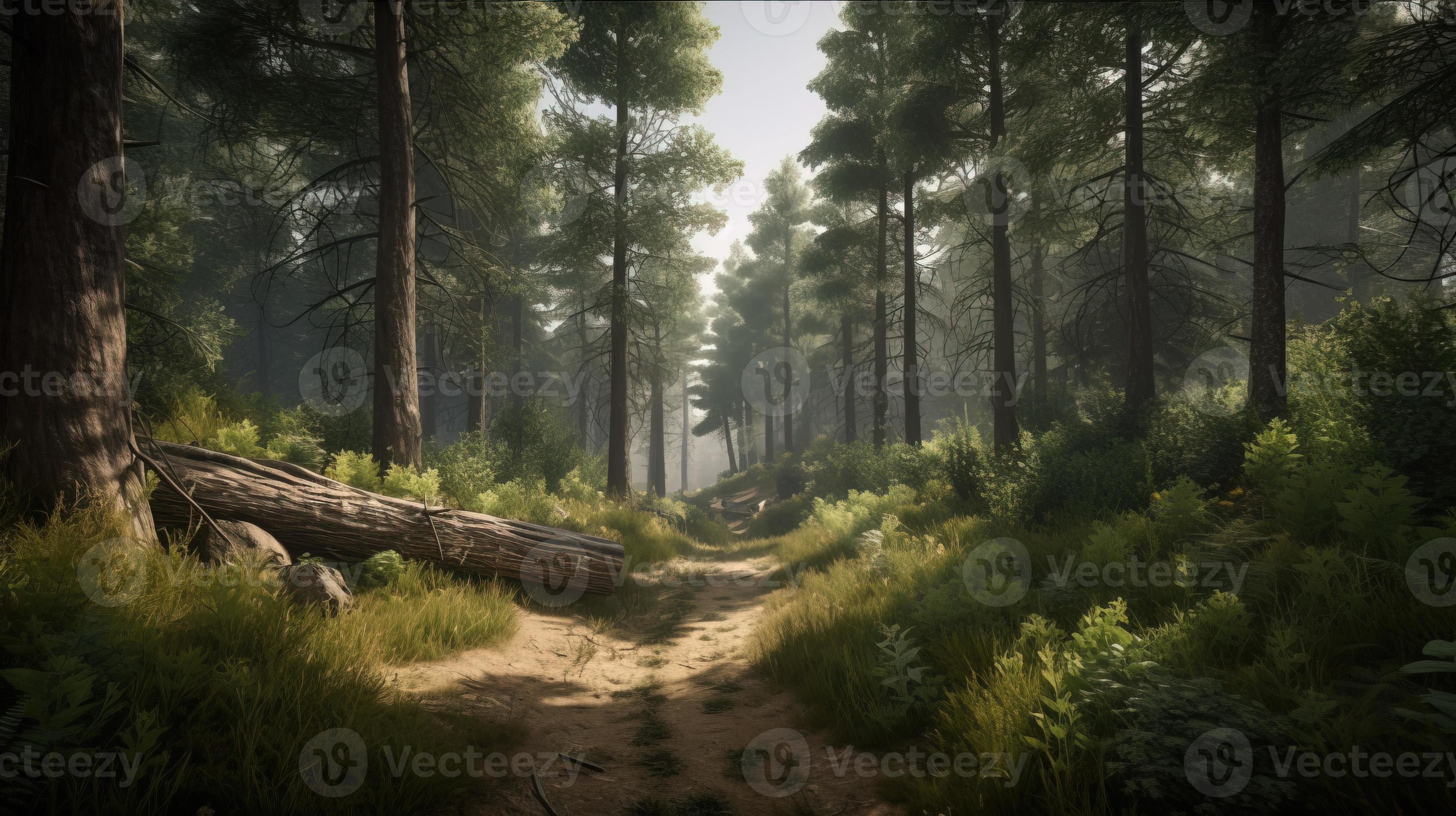 Foggy path through the forest ,Sunset in a dark forest with rays of ...