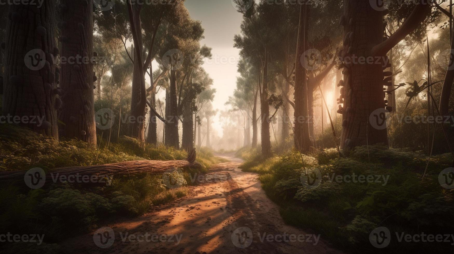 Foggy path through the forest ,Sunset in a dark forest with rays of light passing through the ...