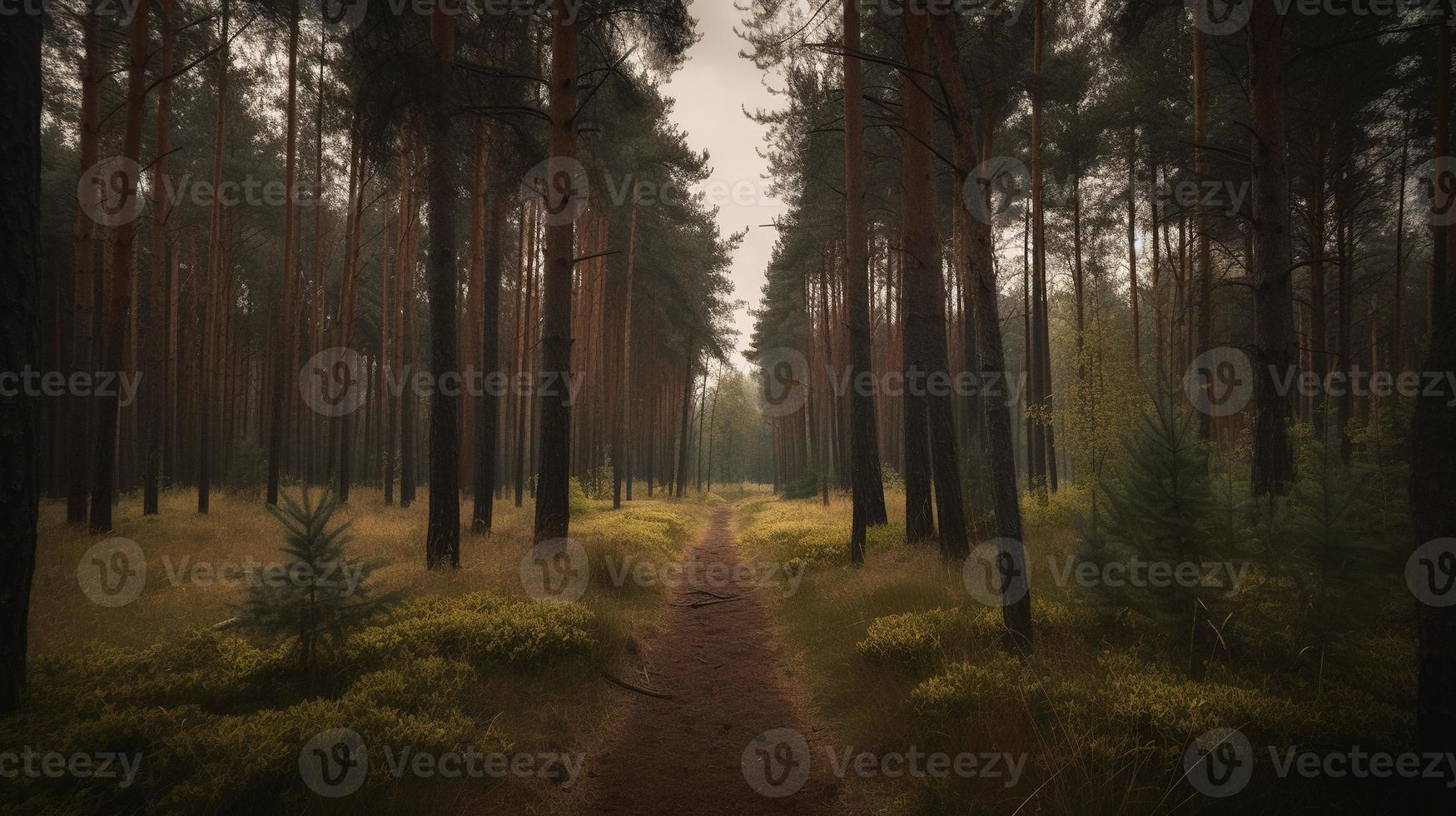 Foggy path through the forest ,Sunset in a dark forest with rays of light passing through the ...