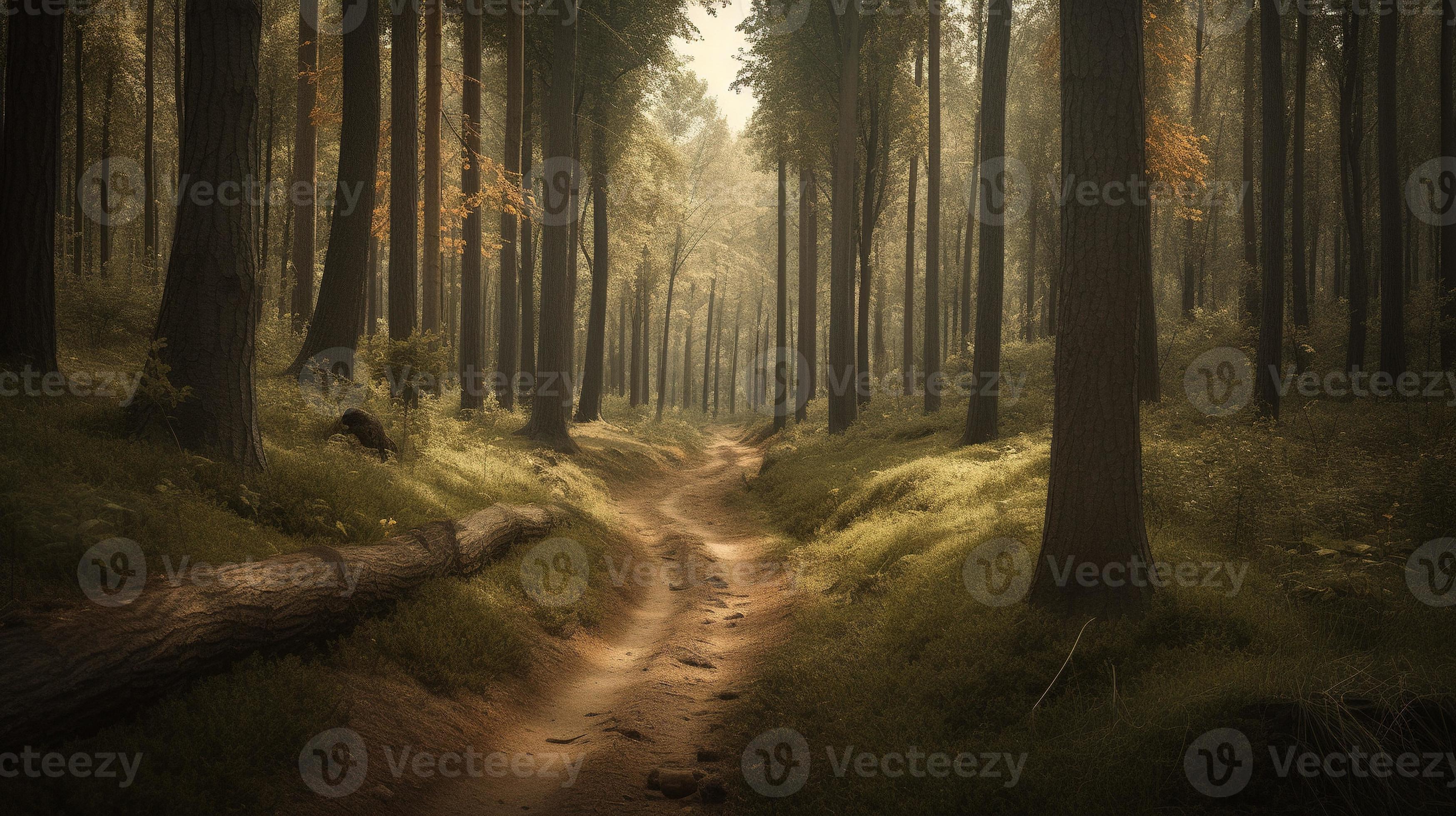 Foggy path through the forest ,Sunset in a dark forest with rays of light passing through the ...