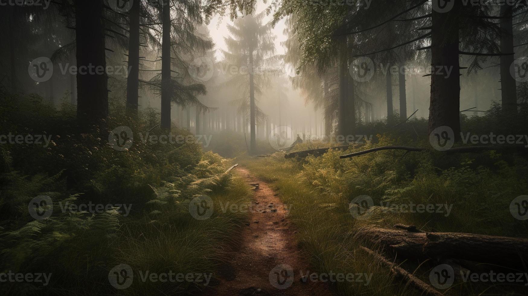 Foggy path through the forest ,Sunset in a dark forest with rays of light passing through the ...
