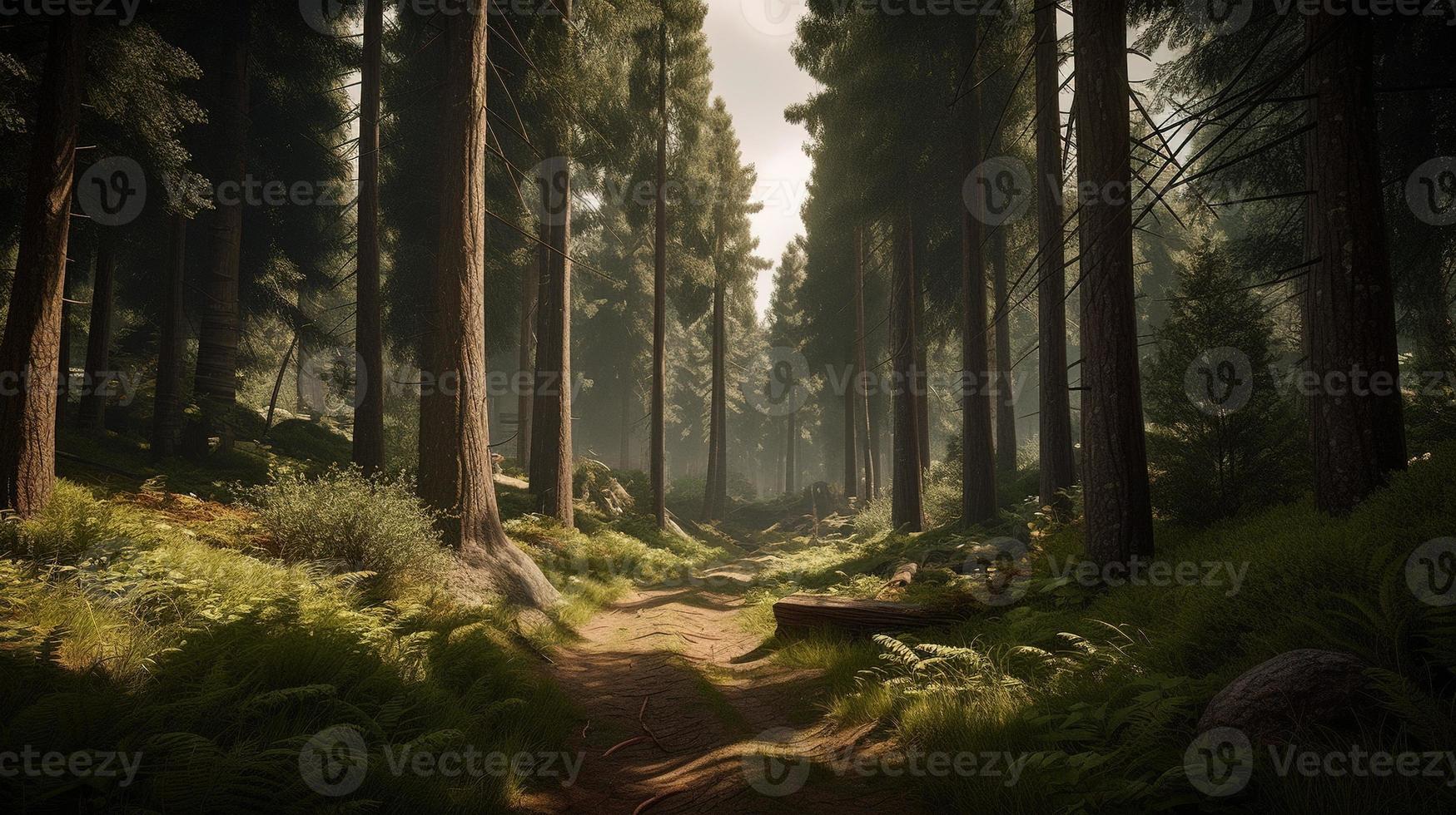 Foggy path through the forest ,Sunset in a dark forest with rays of ...
