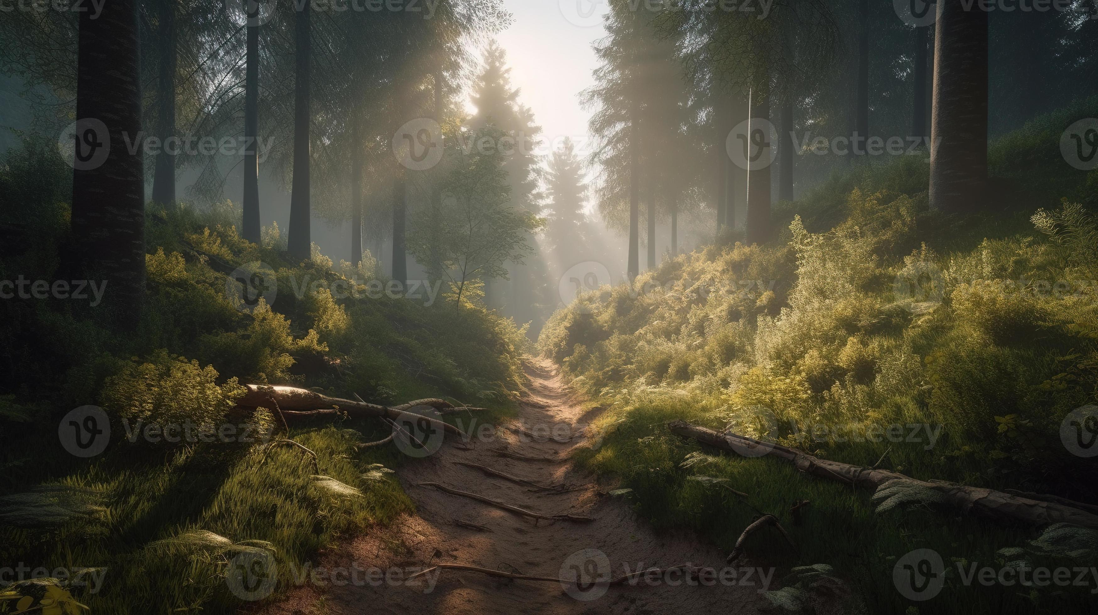 Foggy path through the forest ,Sunset in a dark forest with rays of light passing through the ...