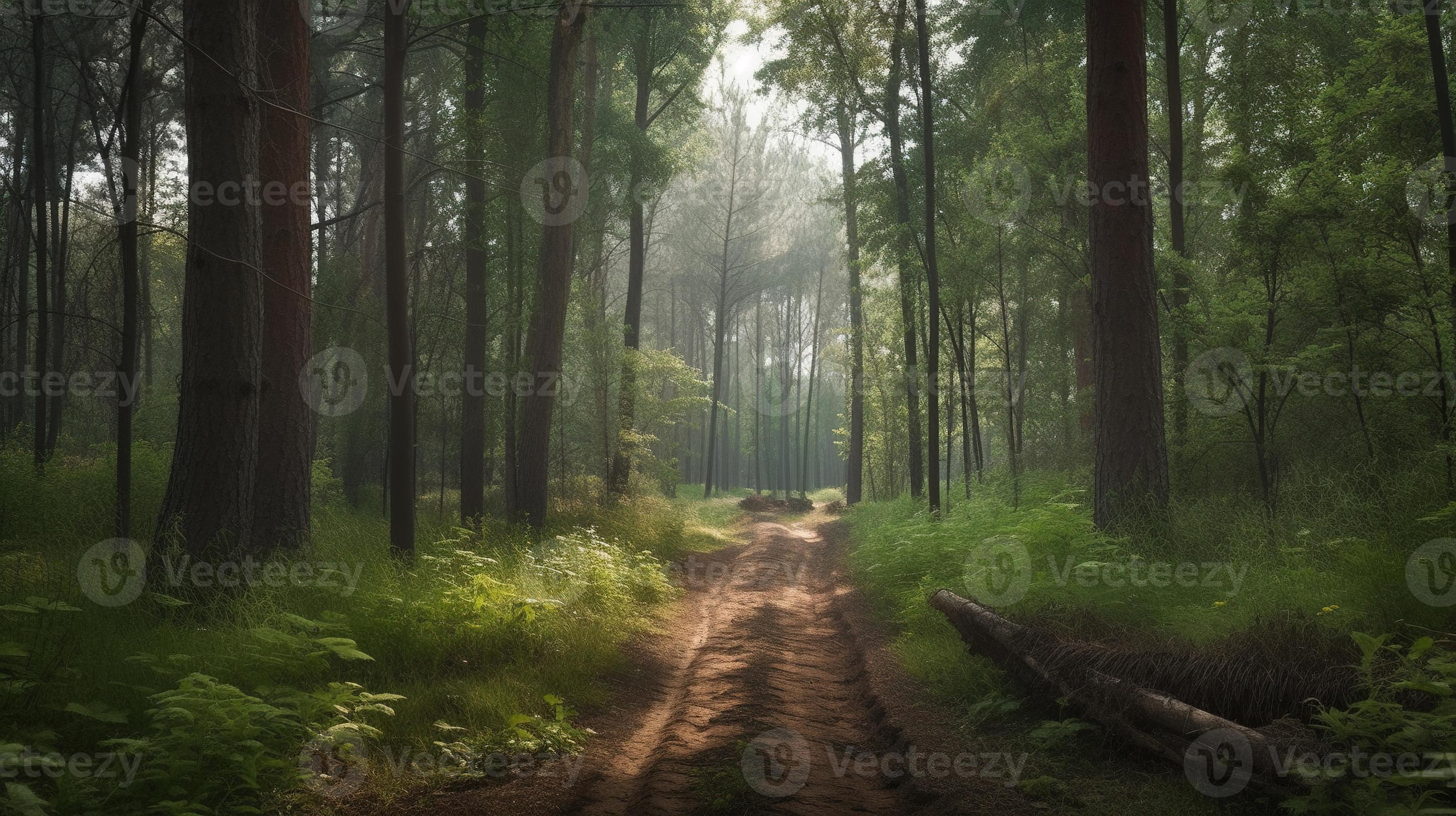 Foggy path through the forest ,Sunset in a dark forest with rays of ...