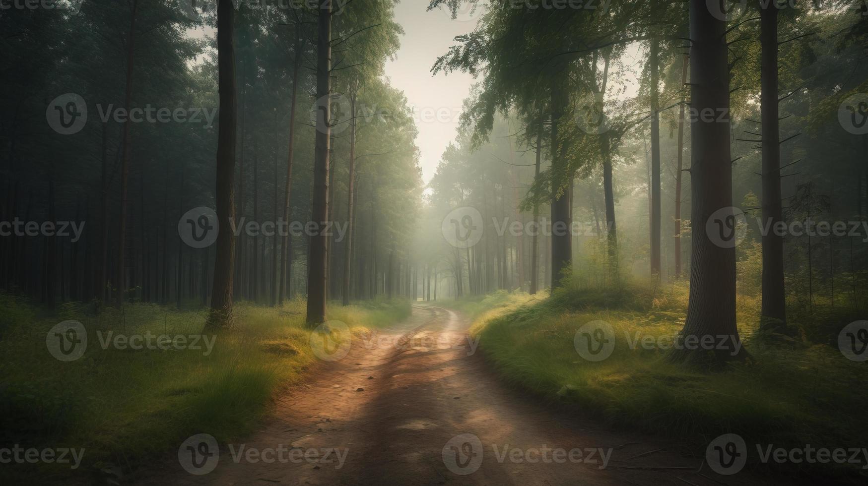 Foggy path through the forest ,Sunset in a dark forest with rays of light passing through the ...