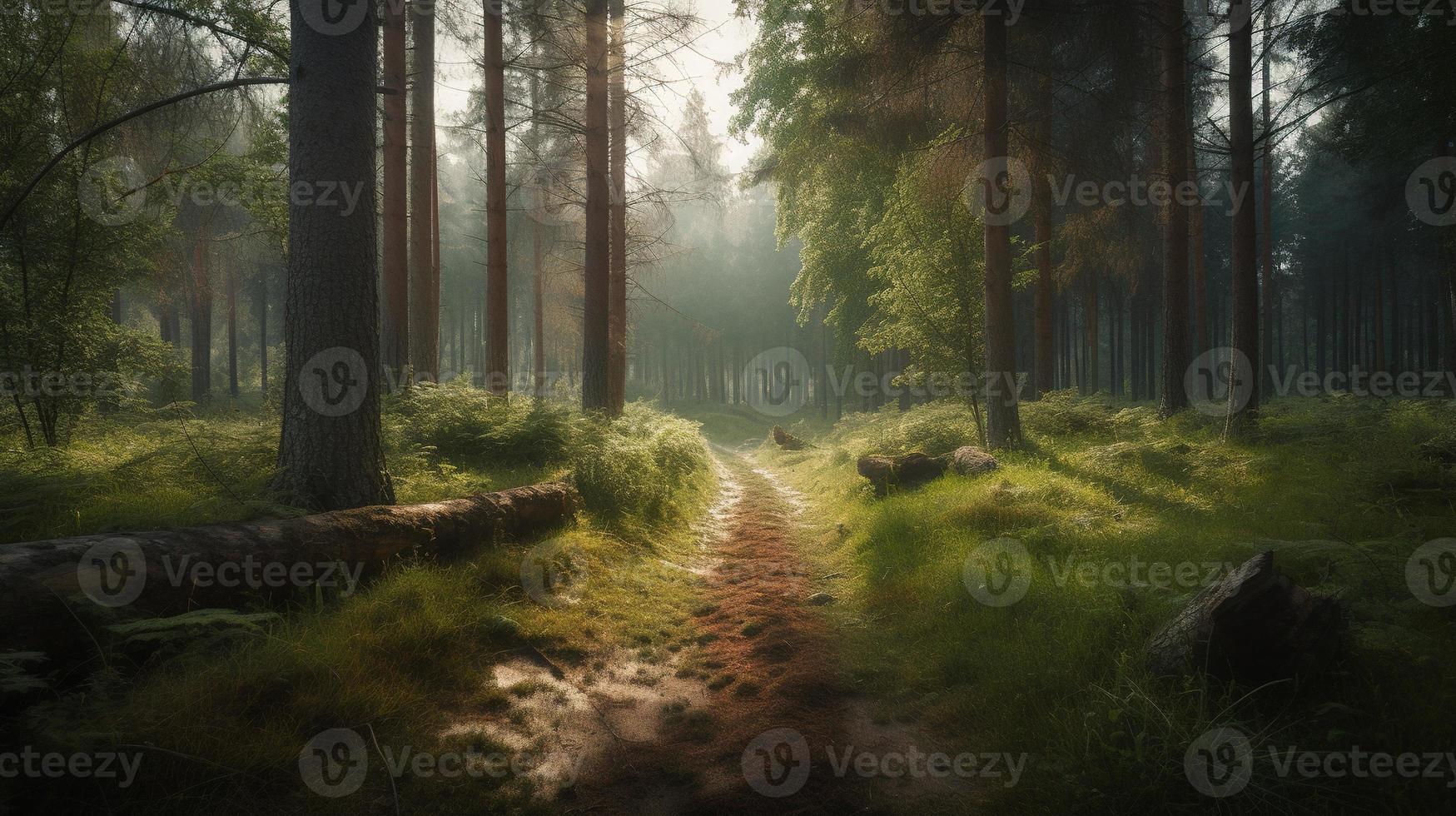 Foggy path through the forest ,Sunset in a dark forest with rays of light passing through the ...