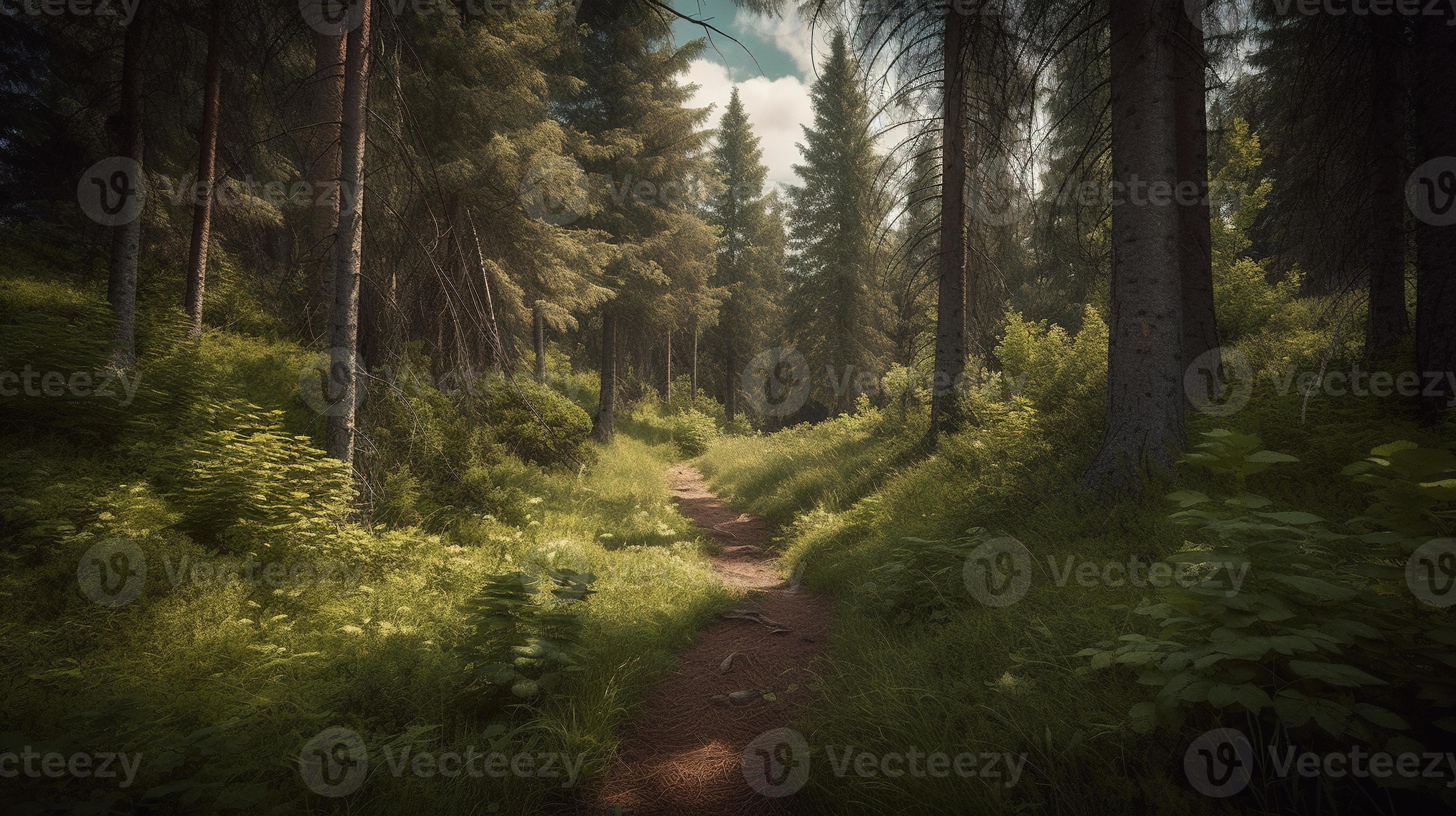 Foggy path through the forest ,Sunset in a dark forest with rays of light passing through the ...