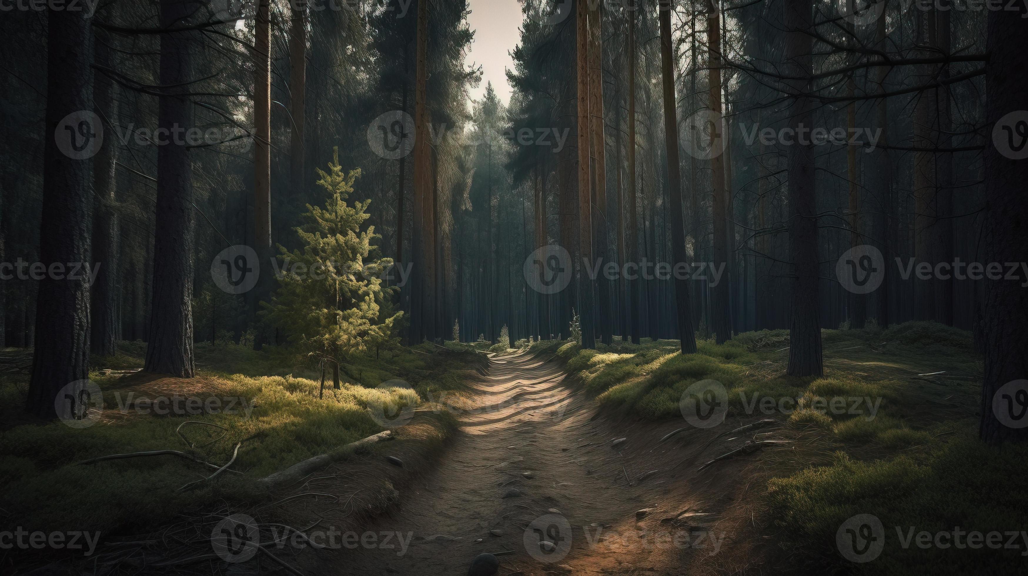 Foggy path through the forest ,Sunset in a dark forest with rays of ...