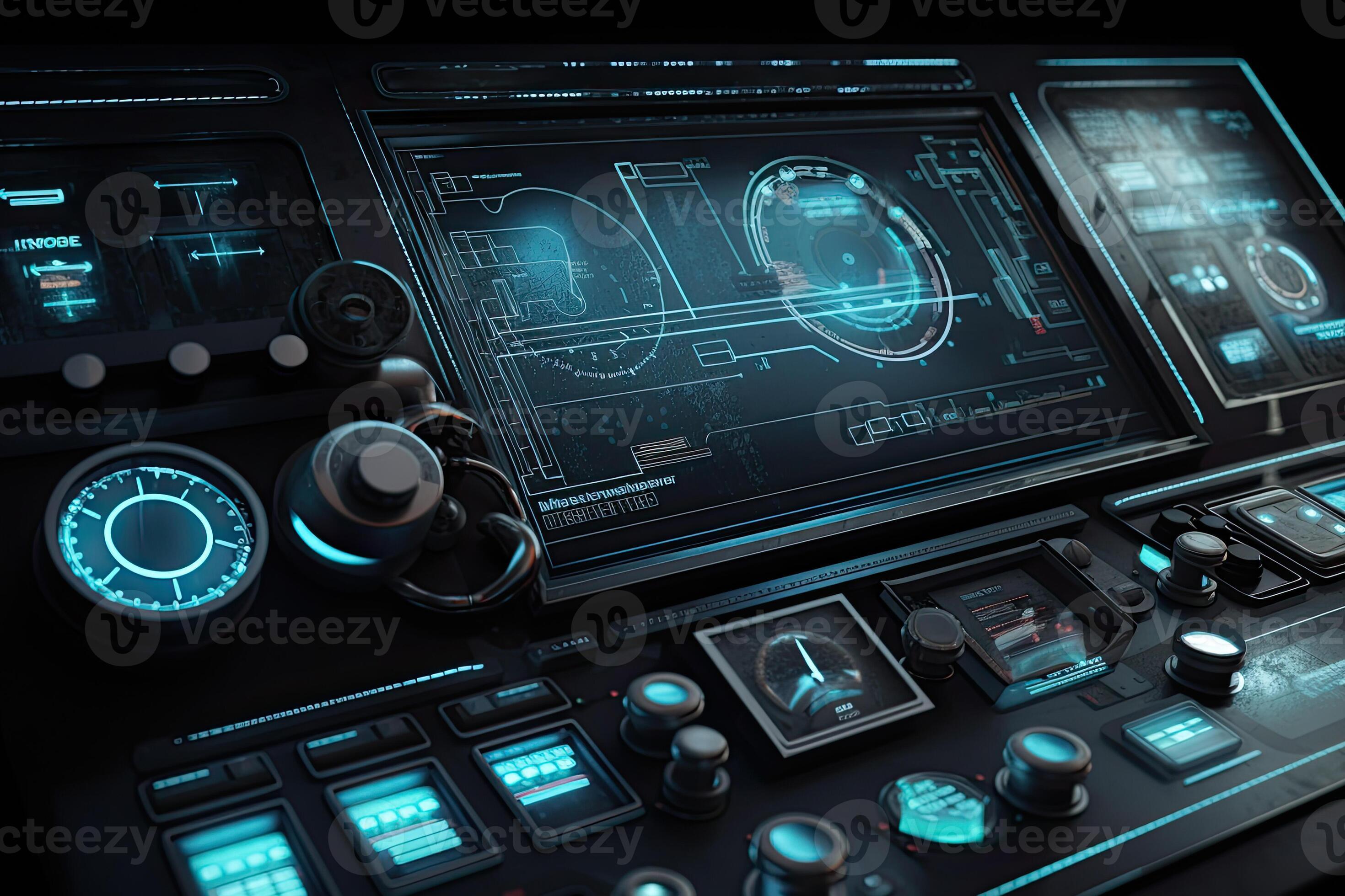 Futuristic central control panel. Operator workplace with a lot of ...