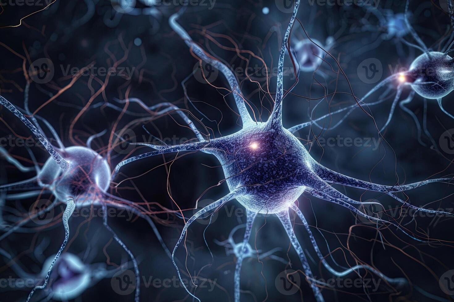 Neuron cells on abstract background, neural connections in the human brain, glowing synapses in ...