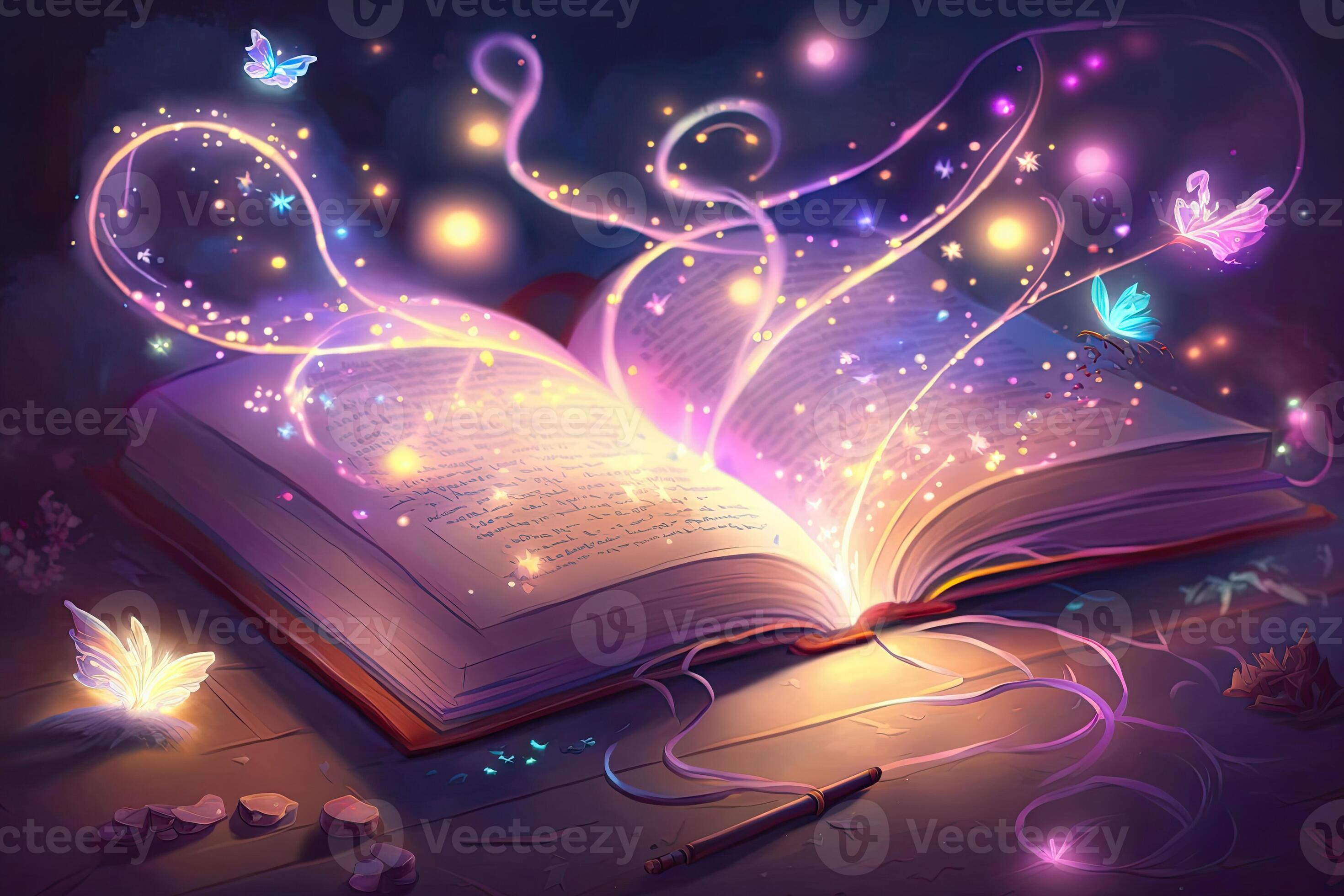Open magical book with glowing lights over pages on abstract background. Fantasy reading ...