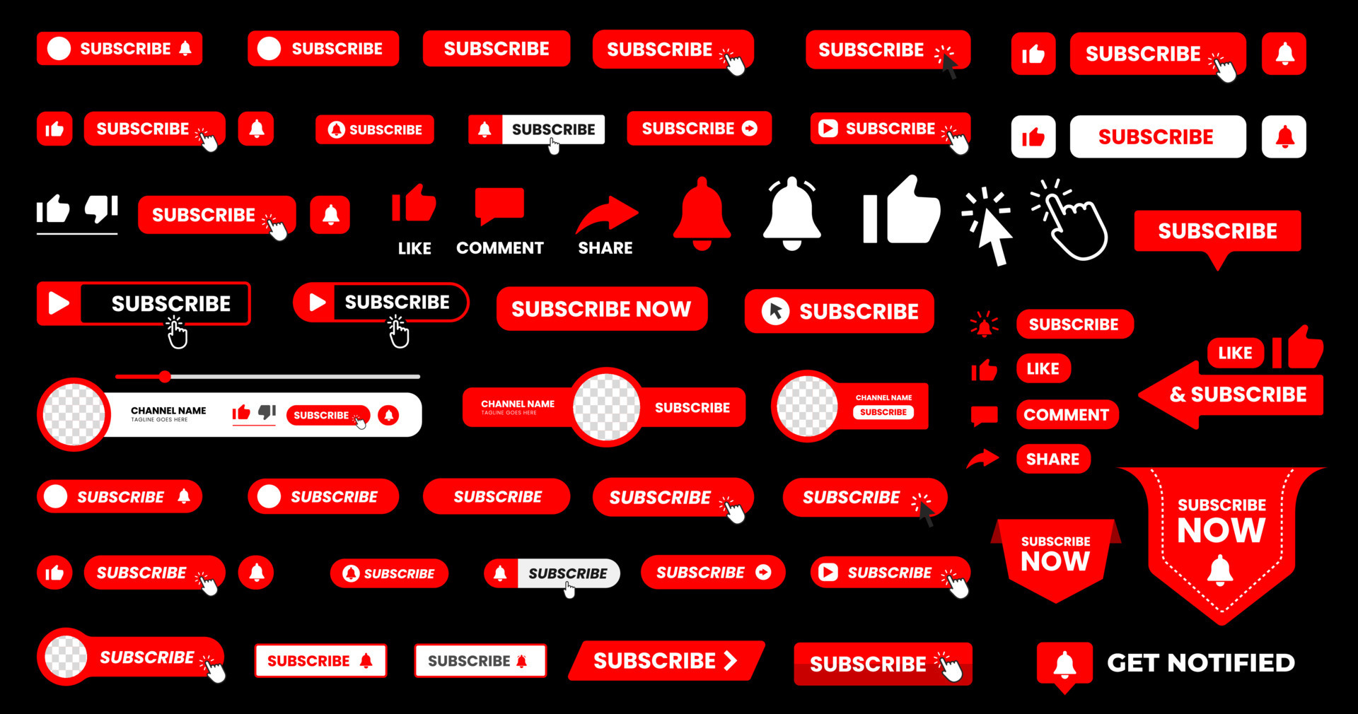set of big mega collection Subscribe button with hand click icon. Subscribe, bell button and ...