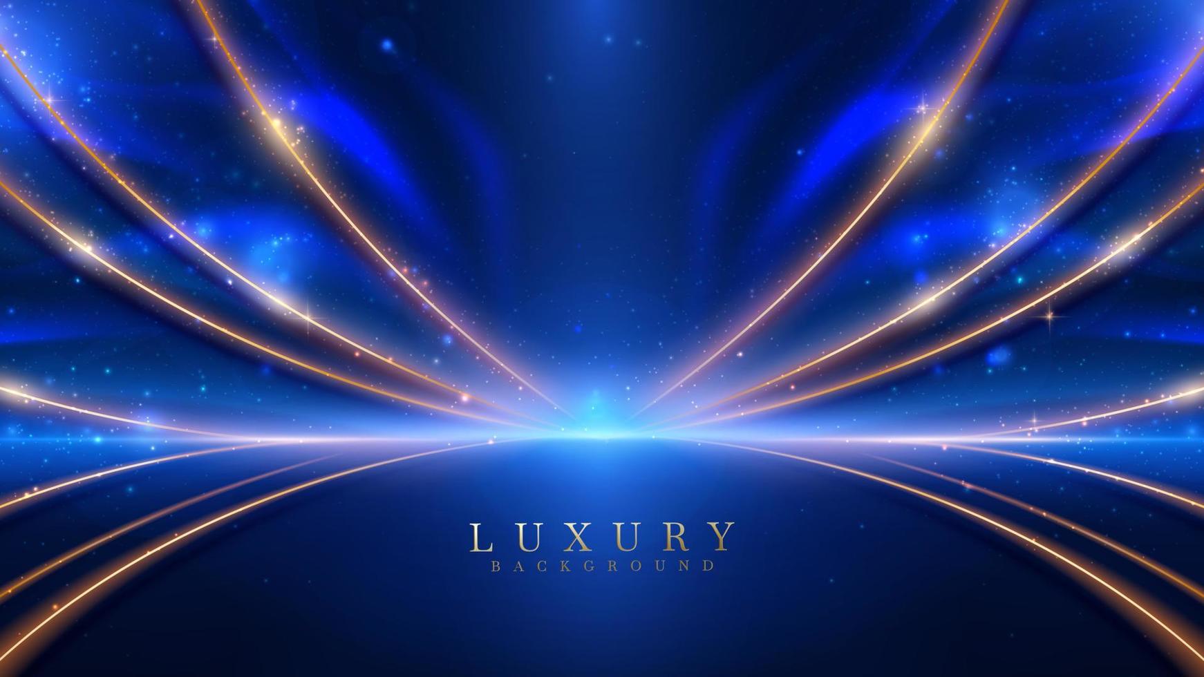 Blue luxury background with golden line decoration and curve light effect with bokeh elements ...